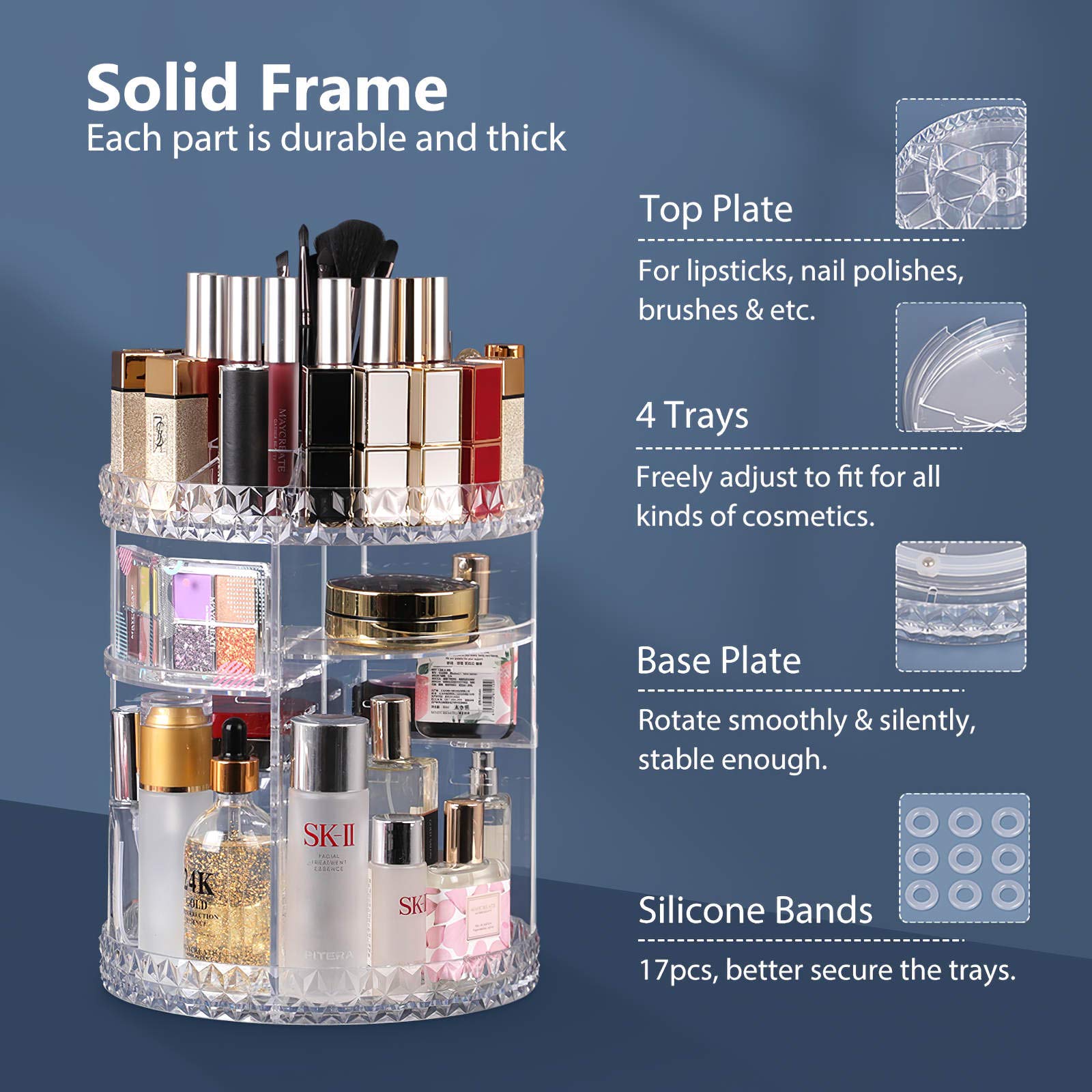 Syntus Makeup Organizer 360 Rotating, DIY Adjustable Bathroom Makeup Carousel Spinning Holder Rack, Large Capacity Cosmetics Storage Box, Fits Makeup Brushes, Lipsticks, Clear