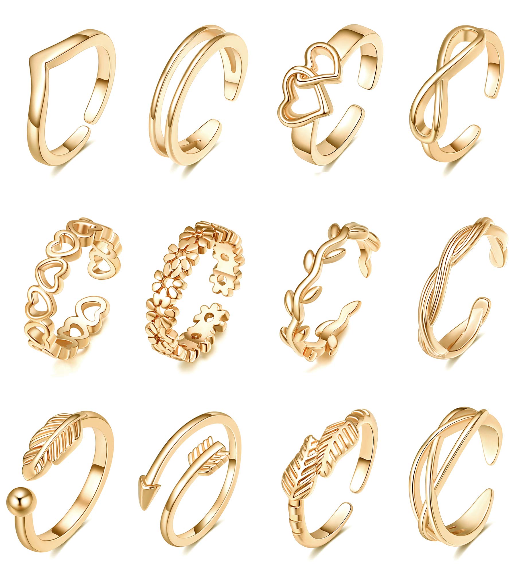 TOBENY 12PCS 14K Gold Plated Adjustable Toe Rings for Women Flower Arrow Band Open Tail Ring Women Beach Foot Jewelry Set