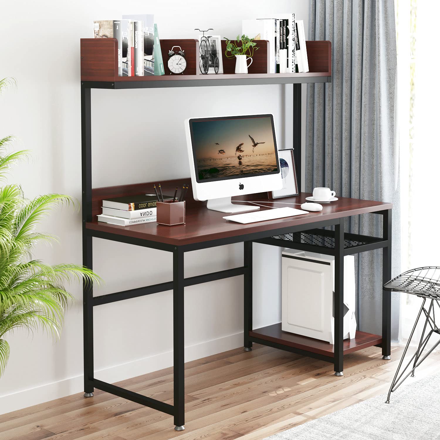 wellrun Computer Desk with Storage Shelves 47'' Office Desk with Hutch Industrial Writing Desk Modern PC Laptop Wood Study Table for Home Office (Teak)