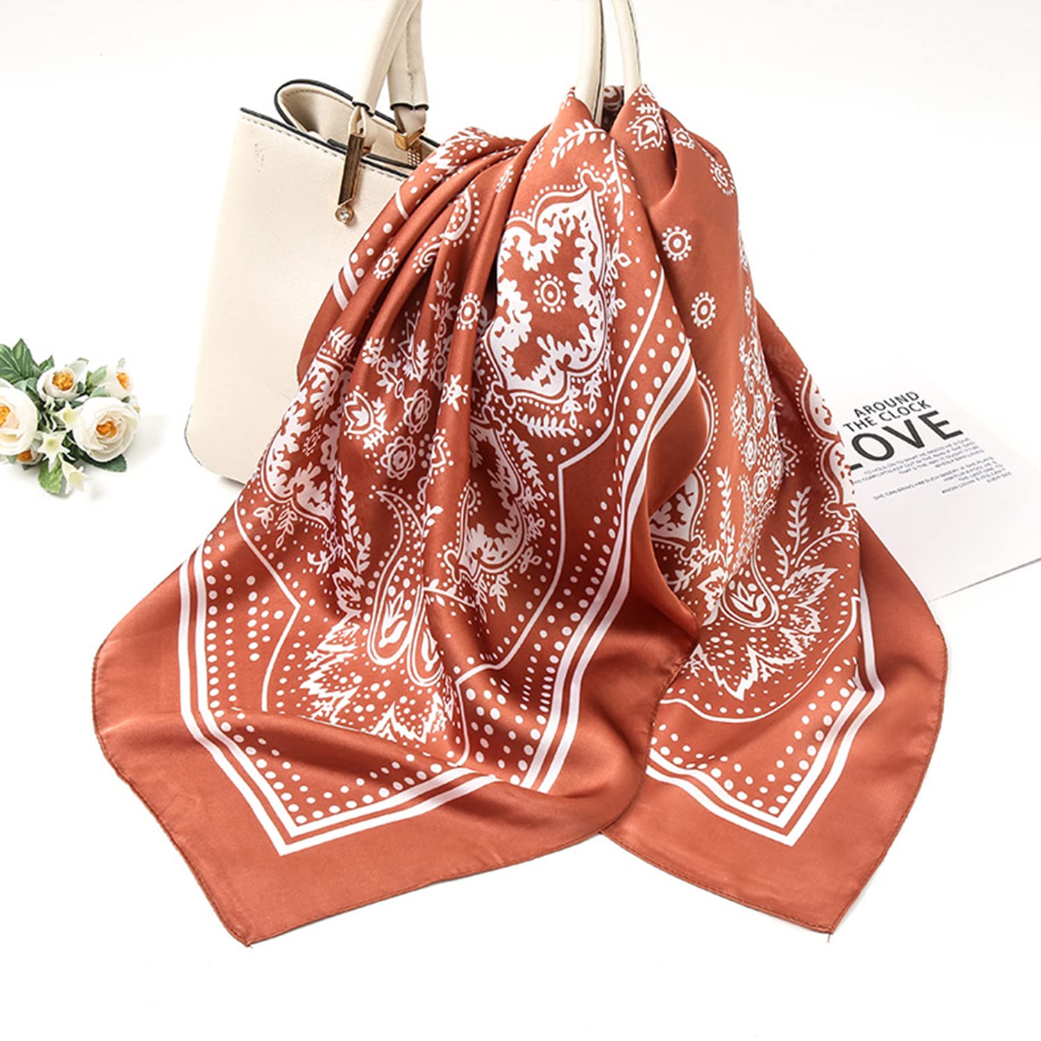 VANLINKER Vintage Bandanas Square Multi-Purpose Scarfs for Men Women Silk Like Scarf Neckerchief Protective Coverage VL9549 Black,Caramel,Green,Oatmeal