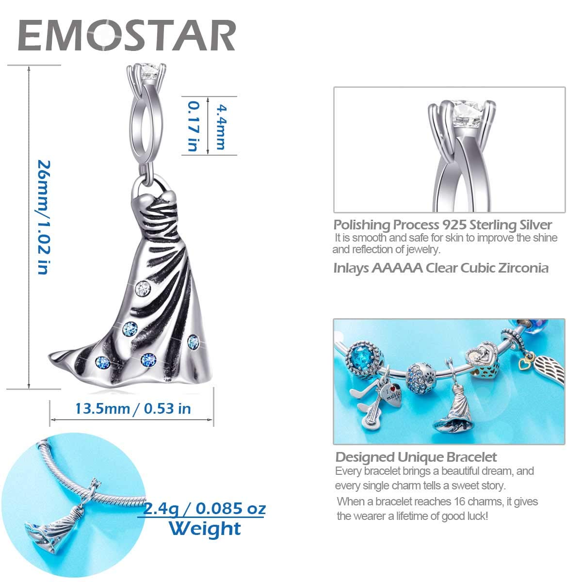 Wedding Ring Dangle Wedding Dress Charms fits Pandora Charm Braceletsā925 Sterling Silver Strapless Gown Pendant with Blue Crystals, Gifts Married Beads for Anniversary/Bride