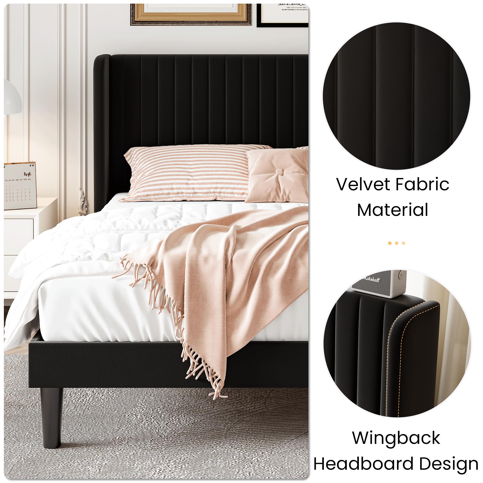 SHA CERLIN King Size Velvet Bed Frame with Vertical Channel Tufted Wingback Headboard, Upholstered Platform Bed with Wood Slats, No Box Spring Needed, Easy Assembly, Black