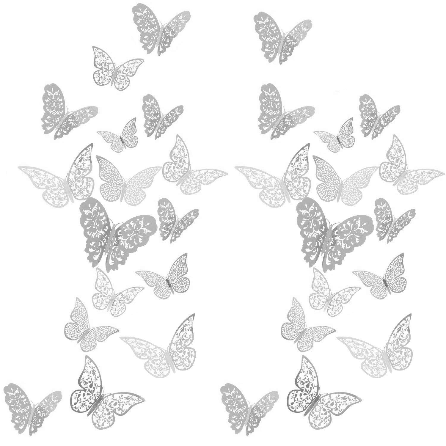 Senkary 72 Pieces (3 Sizes 3 Styles) Silver 3D Butterfly Wall Stickers Wall Decorations Removable Metallic Paper Decals for Home Kids Bedroom Nursery Decor