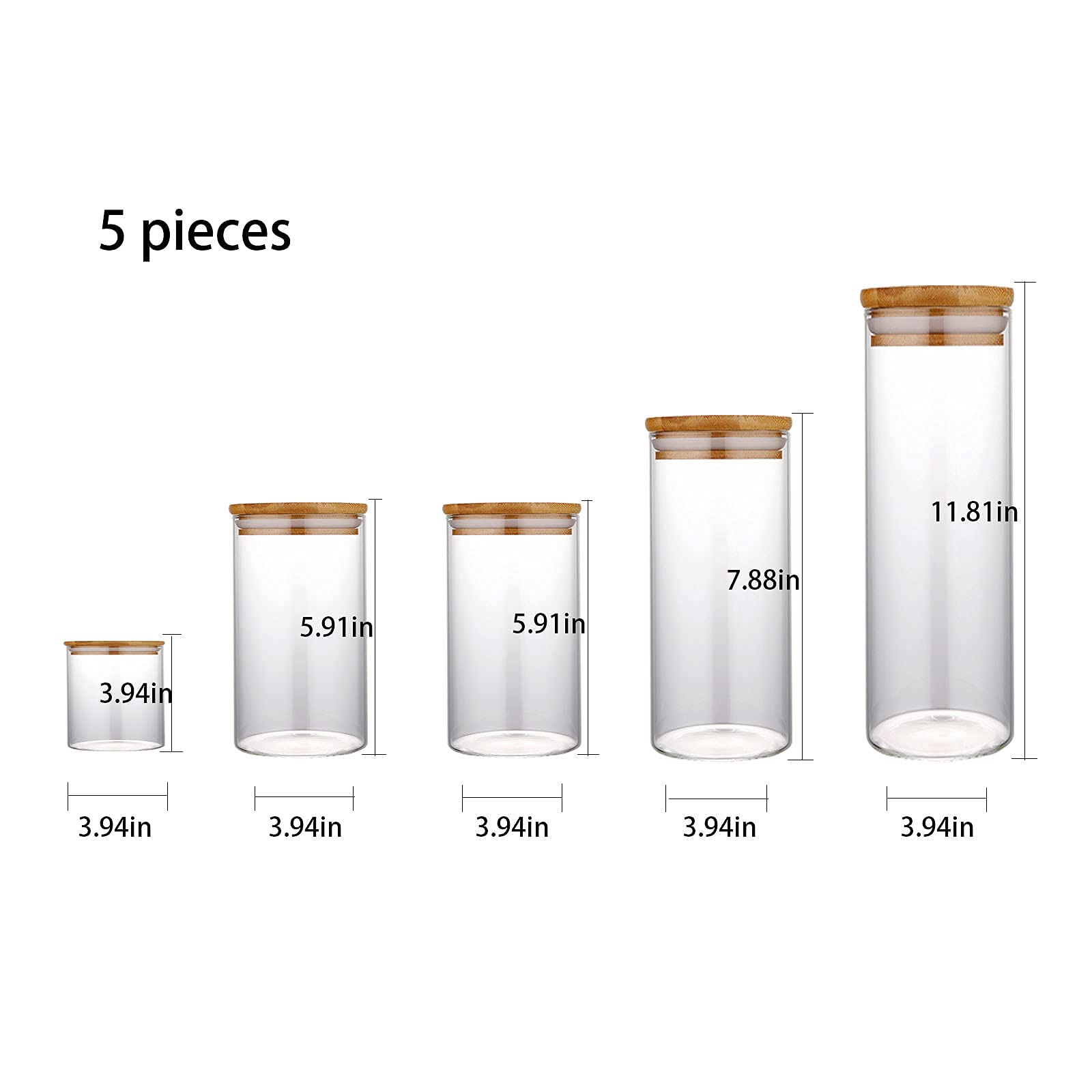 UNIQUE PR Pyrex Glass Food Storage Containers - Bamboo Lids for Airtight Pantry Organization for Kitchen, Set of 5,Organizing Spice Flour Coffee Bean, Flour & Spaghetti