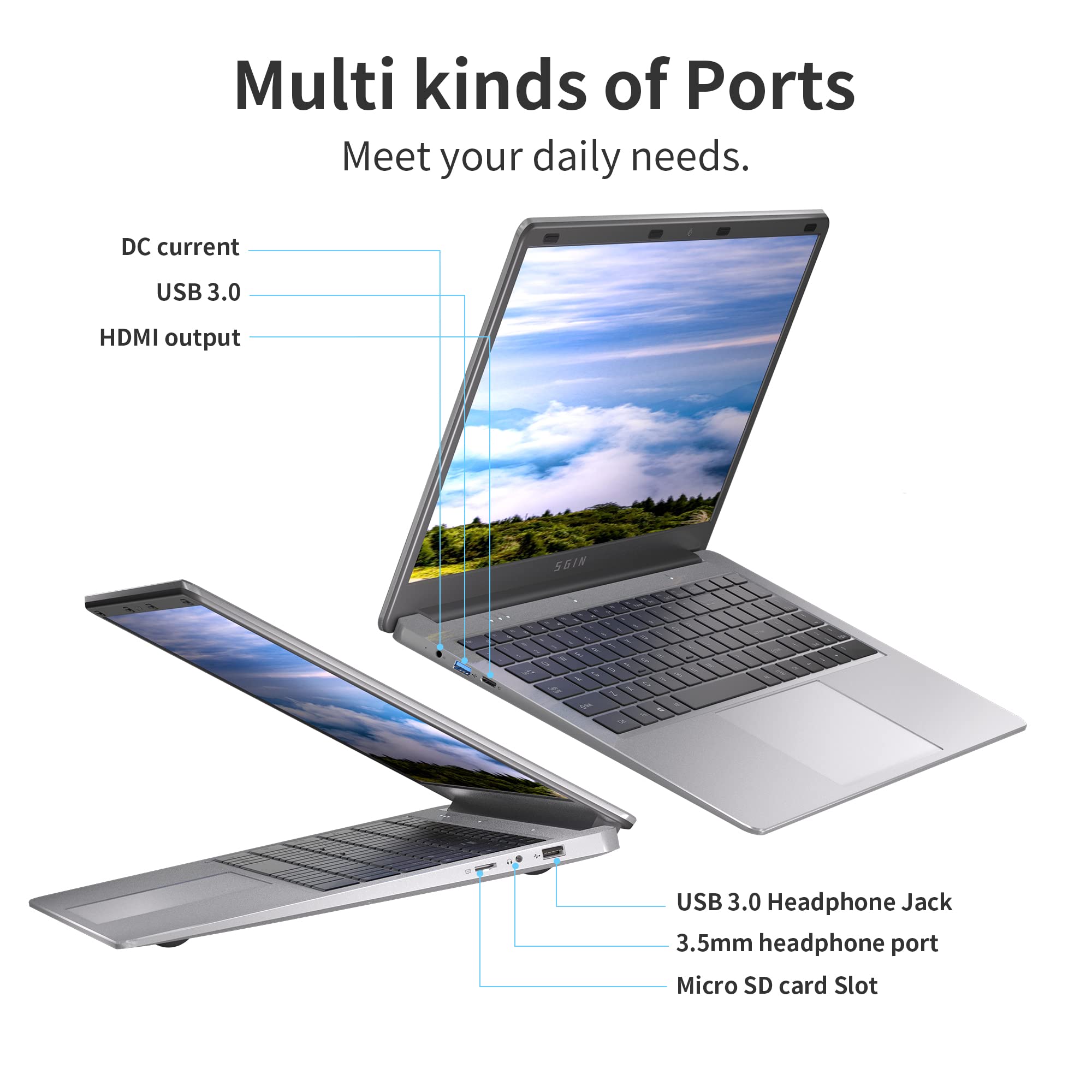 SGIN 15.6 Inch Display Laptop with 4GB DDR4 RAM+128GB SSD, Intel Celeron Quad Core Processor, Intel UHD Graphics 600, Mini HDMI, Webcam, WiFi, Bluetooth 4.2, USB3.0