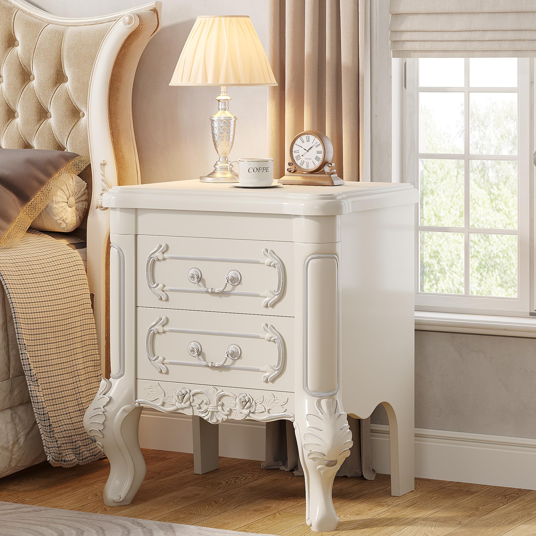Tribesigns White Nightstand, End Table with 2 Drawers, Carved Bedside Tables, Side Table for Bedroom, Living Room, Classic Bedroom Furniture, Night Stand(1PC