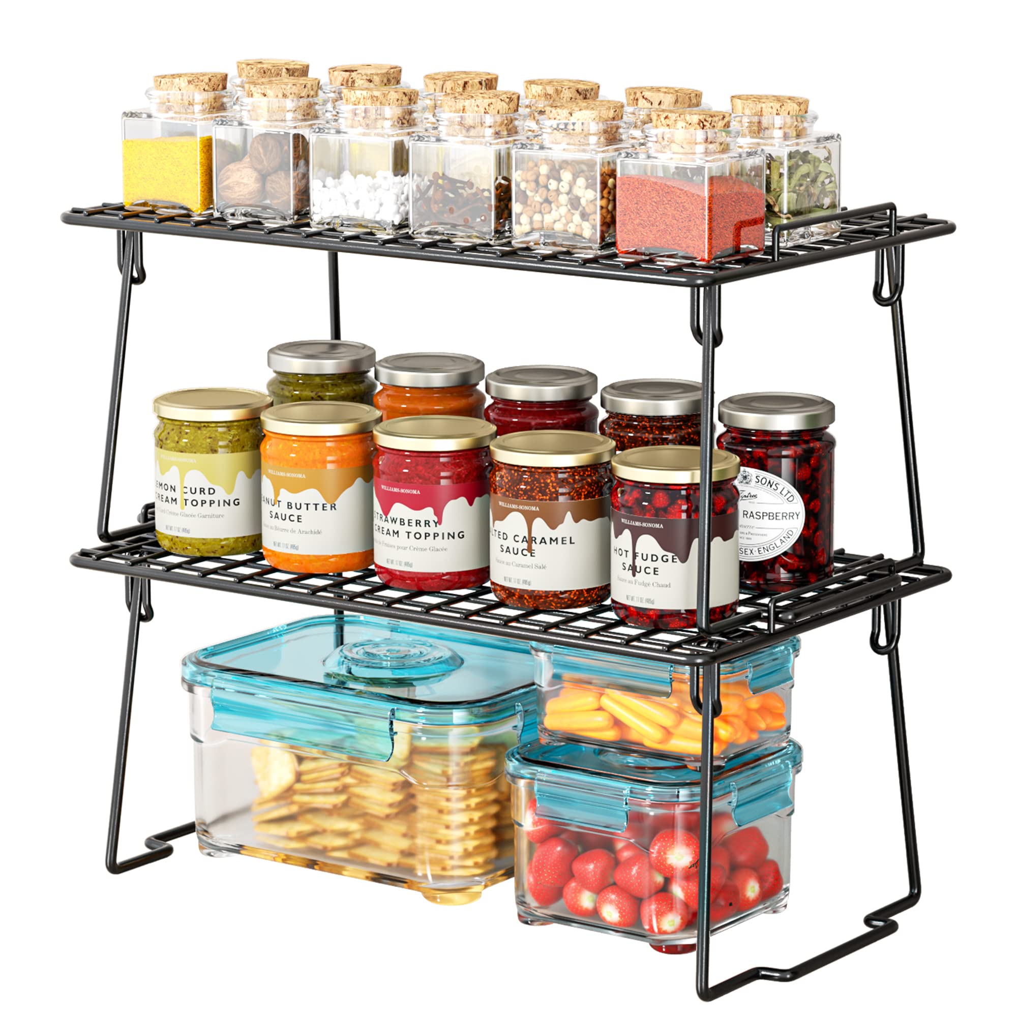 Set of 2 Stackable Kitchen Cabinet Shelves Organizer,Expandable shelf racks for kitchen cabinets,Foldable Spice Rack pantry organizer cabinet wire shelf organizer,Cupboard Organiser stacking shelving