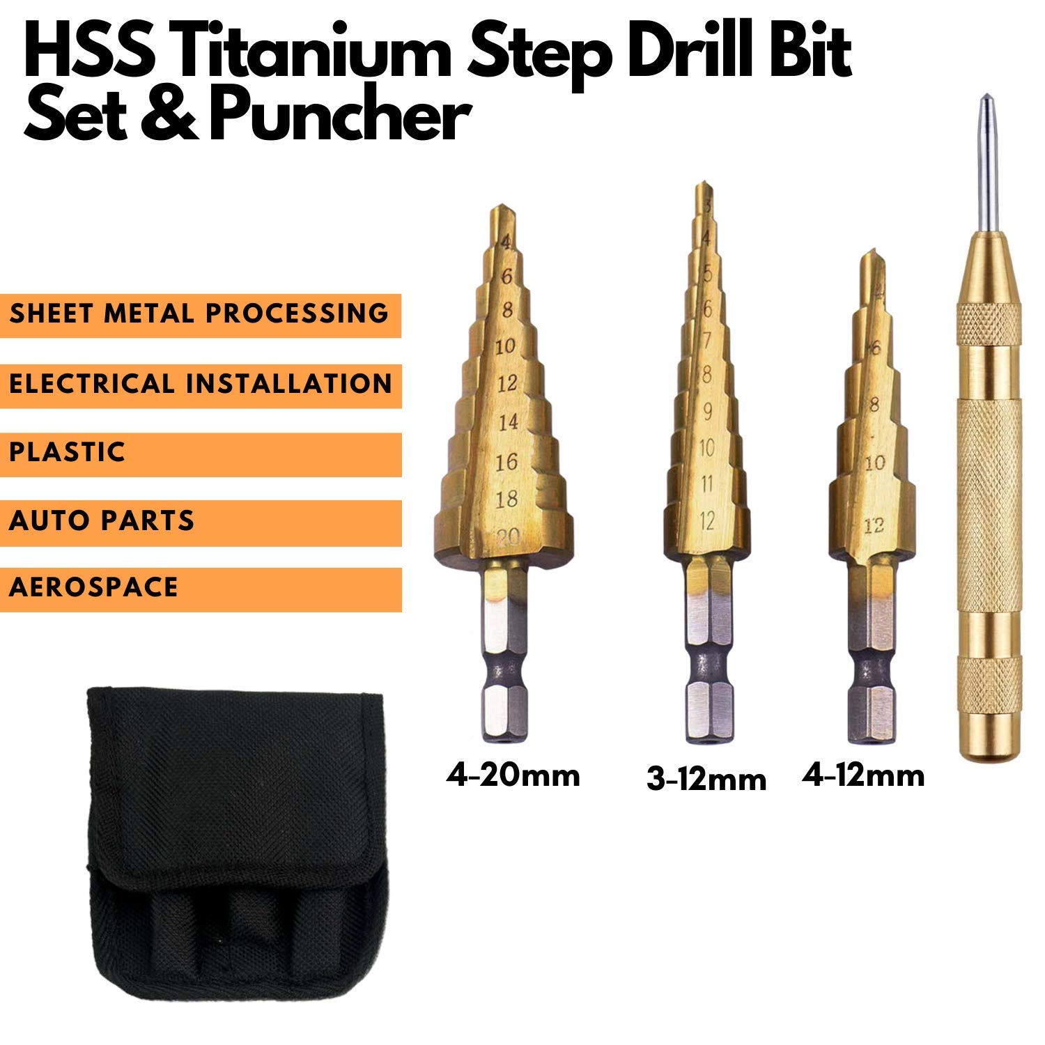 Step Drill Bit Set by Volterin, Cone Titanium Coated High Speed Steel | 4-Piece Set with Pouch | 3-12mm/4-12mm/ 4-20mm and Center Punch