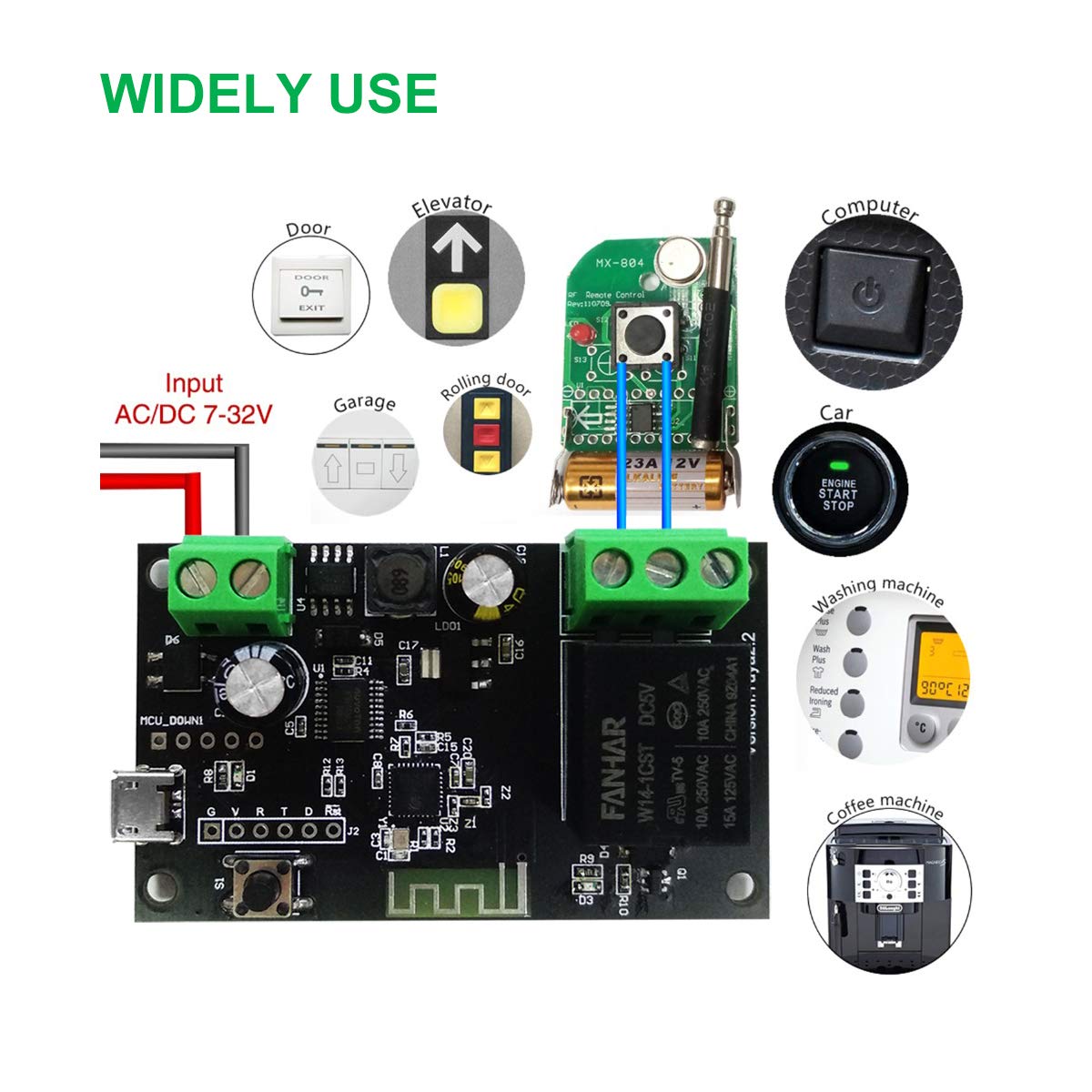 WiFi Momentary Inching Relay Self-Locking Switch Module DC 7-32V WiFi Relay Switch Smart Life/Tuya APP Remote Control WiFi Relay Module for Garage Door Opener, Compatible with Alexa Echo Goolge Home