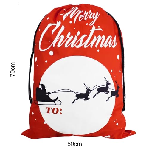 ulafbwur Hand Washable Santa Bag Reusable with Reindeer Sleigh Design Large 70x50cm Size Heavy Duty Cotton Material Festive Drawstring for Red