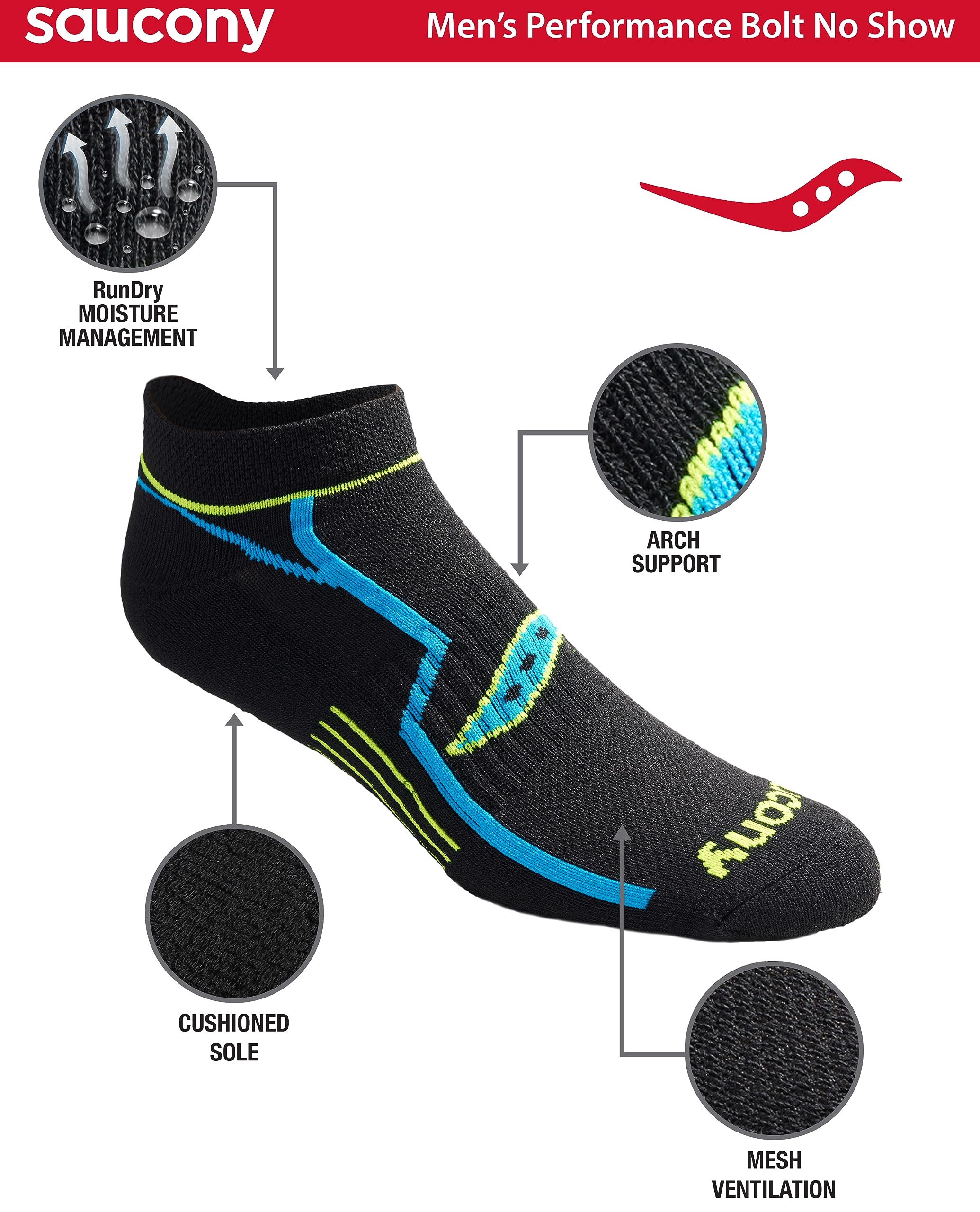 Saucony Men's RunDry Bolt Performance 6, 12, 18 Show Socks, M-XXL, Black/White Assorted (6 Pairs), Large