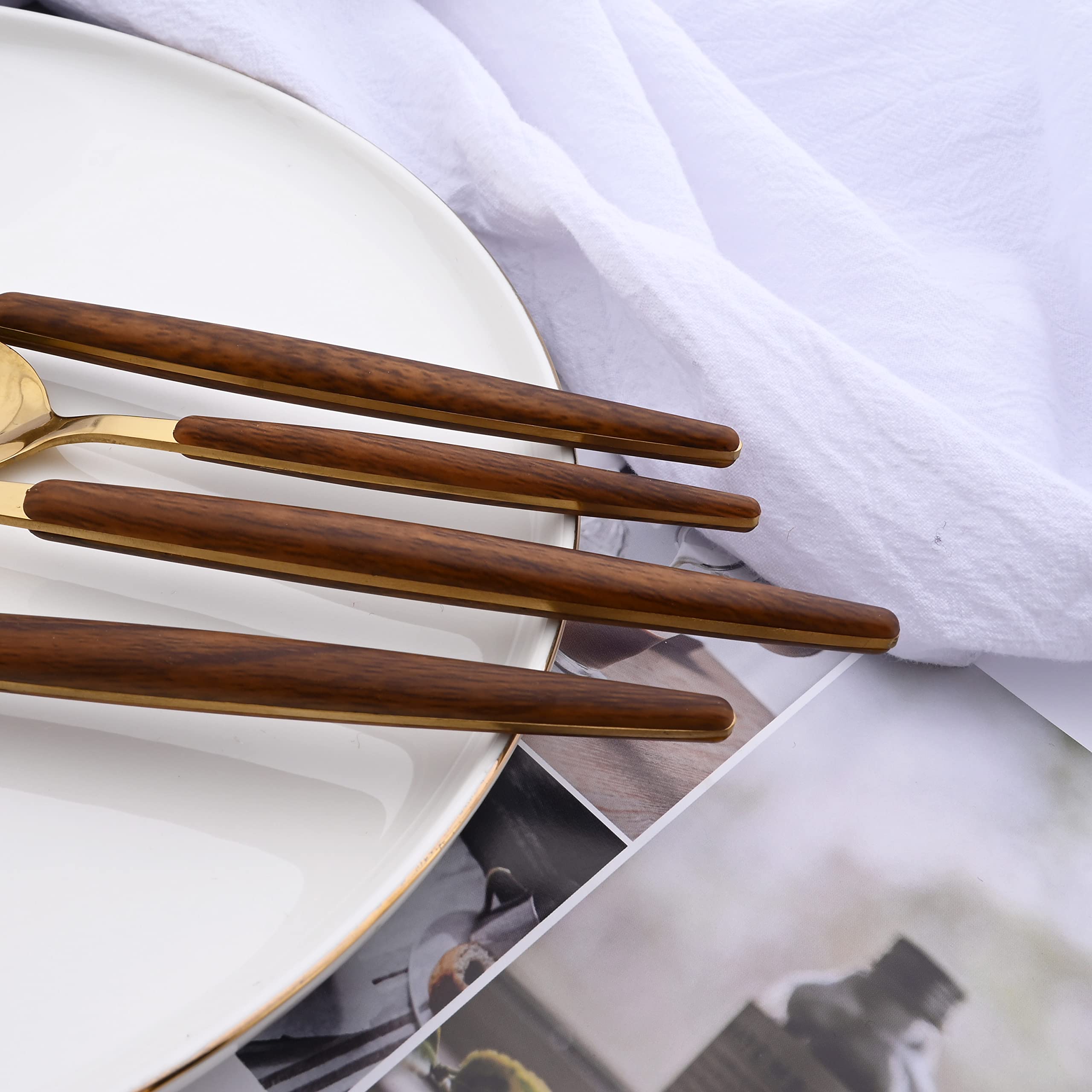 Uniturcky 20-Piece Silverware Set for 4, Stainless Steel Flatware Tableware Set, Mirror Polished Tableware Cutlery Set for Family Kitchen Restaurant, Faux Wooden Handle, Dishwasher Safe(Gold & Brown)
