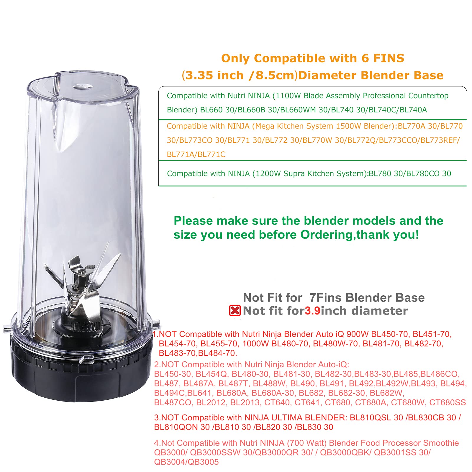 TOOLACC Blender Replacement Parts Compatible with Nutri Ninja, 6 Fins Blender Blade Assembly with 2 PCS 16OZ Cup Set for BL660 BL770 BL780 Professional Blender(Suitable Diameter : 3.35IN Blender Base)