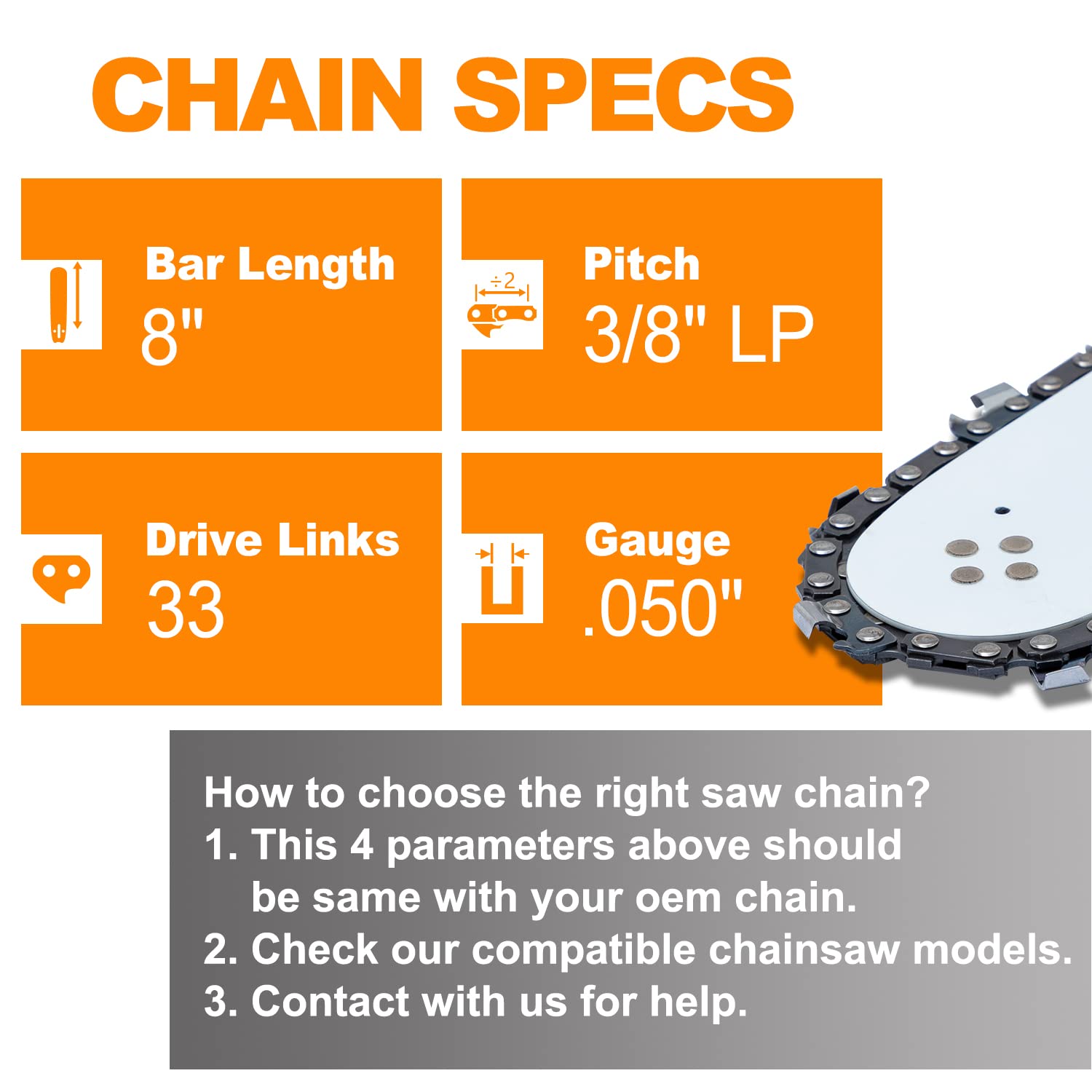 SUNGATOR 20 Inch Chainsaw Chain SG-D72, 3/8" Pitch - .050" Gauge - 72 Drive Links