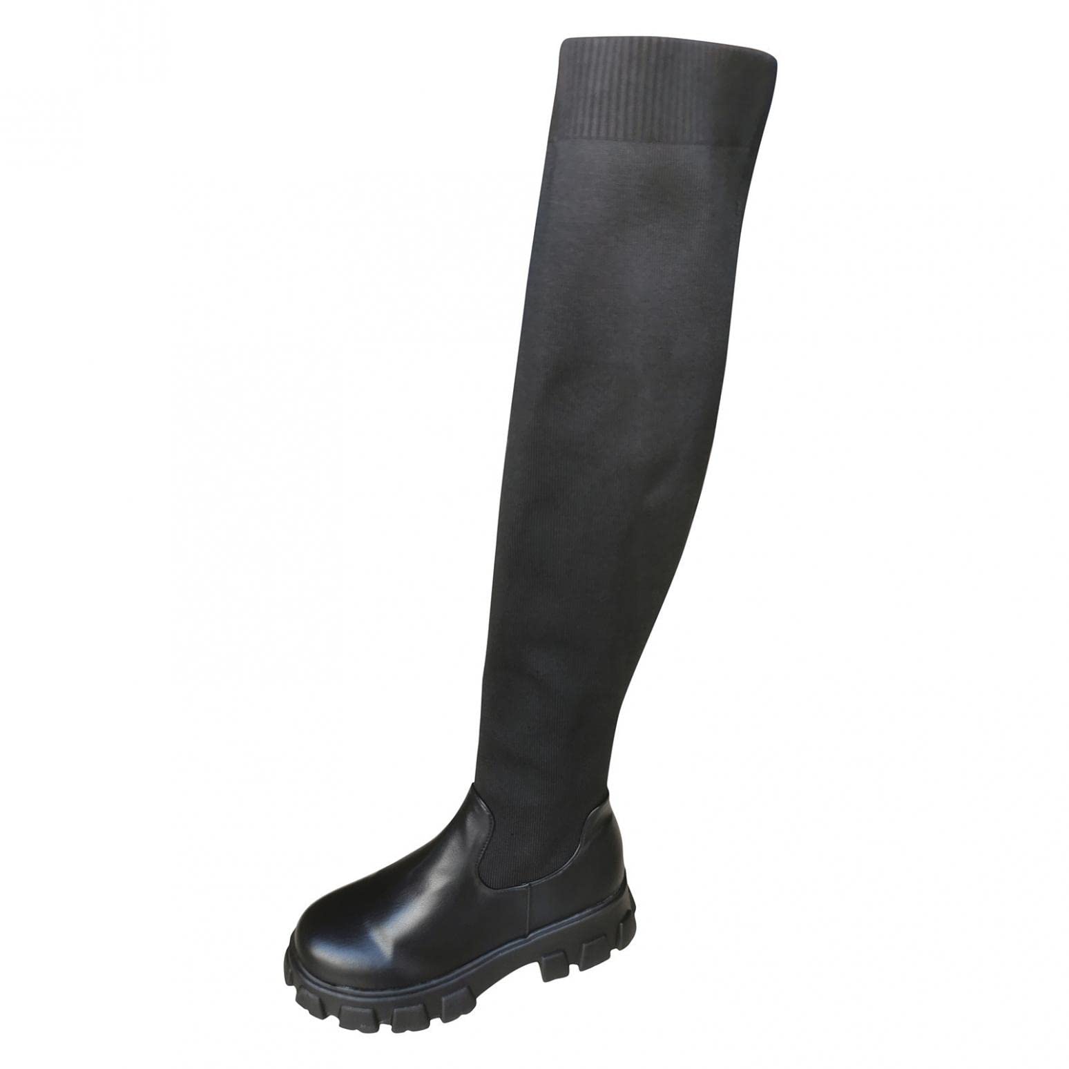 Xudanell Boots for Women Knee High Boots Lug Sole Long Sock Booties Chunky Heels Over The Knee Thigh High Booties for Women Black, 7.5
