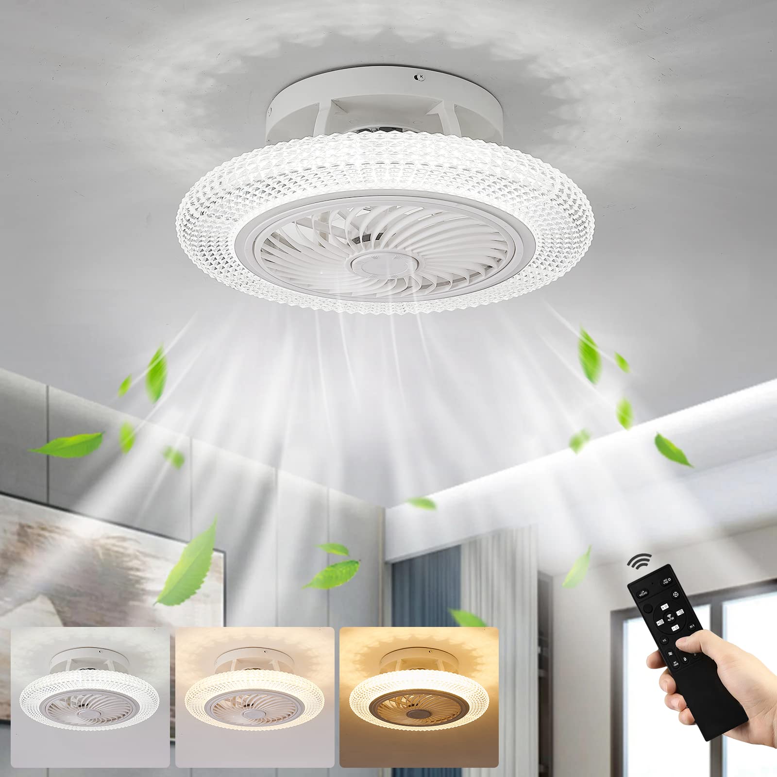 stambord Ceiling Fans with Lights Remote Control, 18”LED Ceiling Fan Modern Low Profile Ceiling Fan with Dimmable 3 Colors 6 Speeds, Enclosed Flush Mount Ceiling Fan for Bedroom, Kitchen(White)