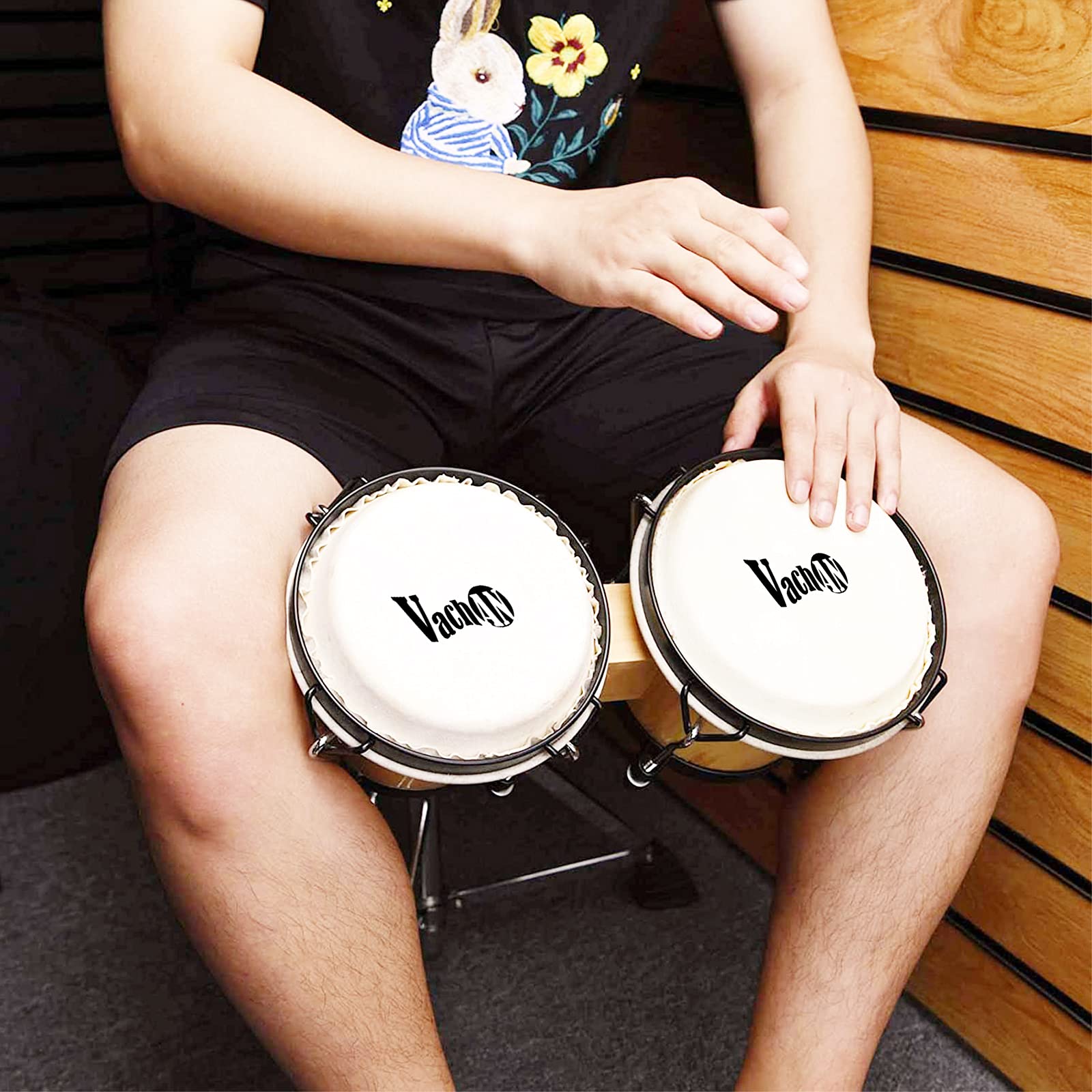 VACHAN Bongo Drums 6”and 7”Bongos for Adults Kids, Professionals Cavity Wood Percussion Instrument with Tuning Wrench,Natural Finish
