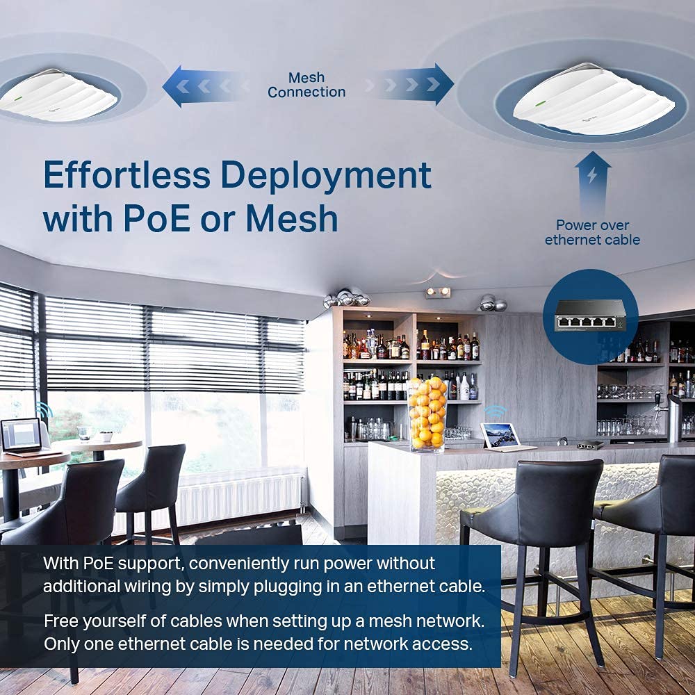 TP-Link EAP225 V3 Wireless MU-MIMO Gigabit Ceiling Mount Access Point, Supports 802.3af PoE and Passive PoE(Injector Included), AC1350 (Renewed)