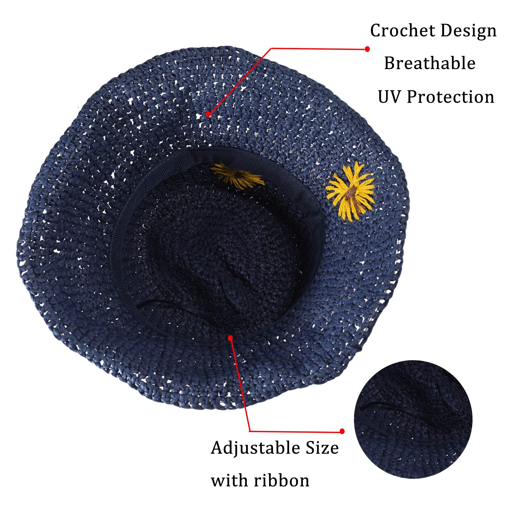 ZLYC Women Wide Brim Floppy Sun Hat Foldable Summer Straw Hat Bucket Beach Hats (Sunflower Khaki)