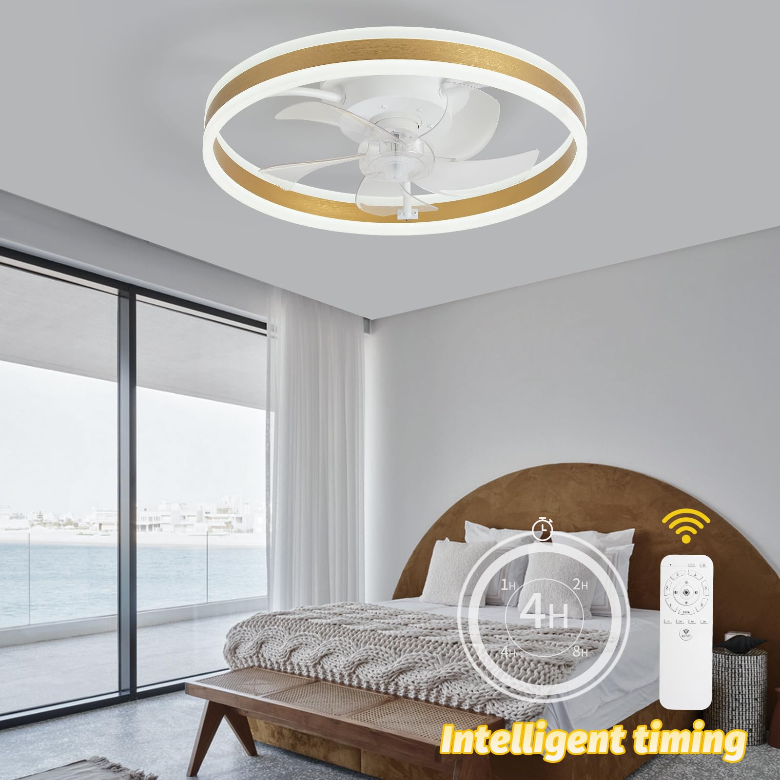 SYNHOK Flush Mount Ceiling Fans with Lights,dimmable Low Profile Ceiling Fans with Lights,Timing and Reversible Lighting&Ceiling Fans, 3 Light Color and 6 speeds Ceiling Fan with Lights,Simple Gold