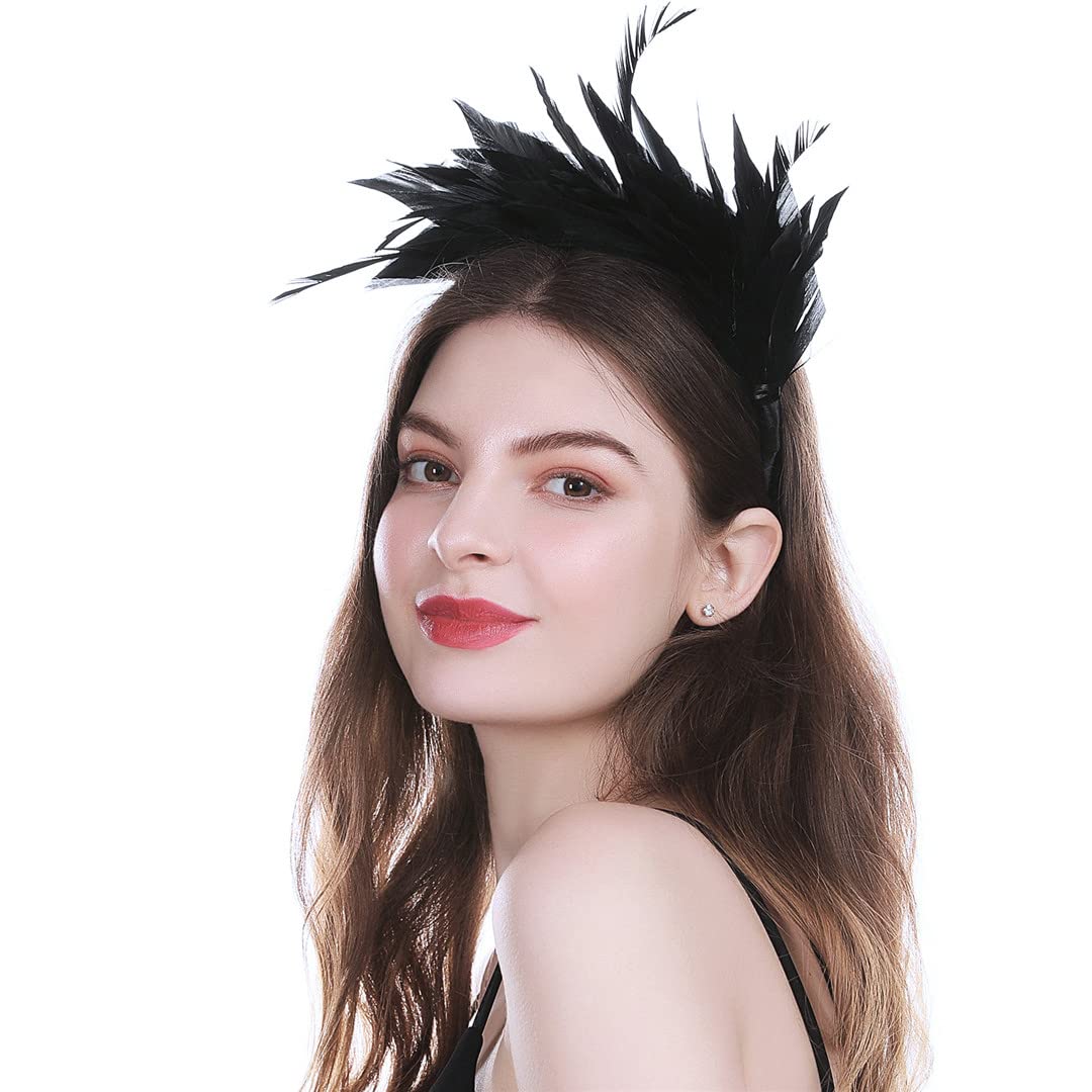 Vintage Feathers Headband 90S Female Headwear Solid Black Bridal Hair Accessories Feather Cocktail Hair Band White
