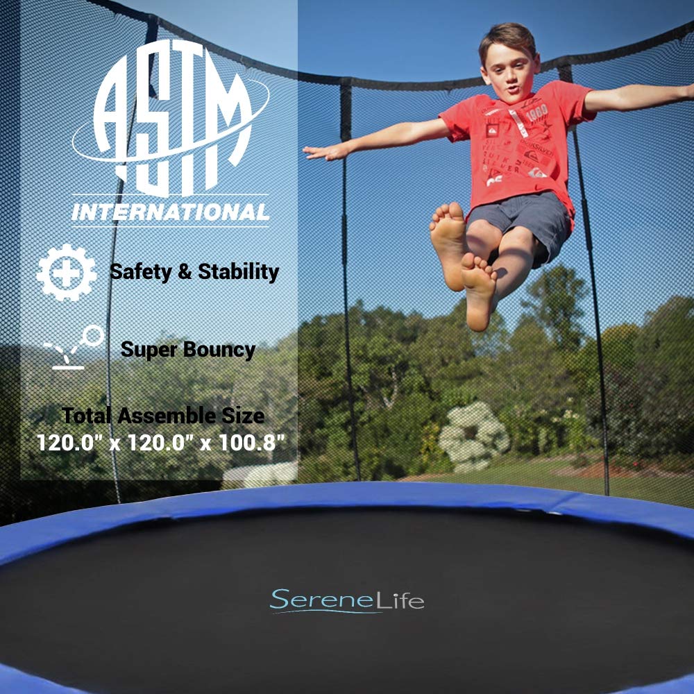 SereneLife ASTM Approved Stable Trampoline Strong with Net Enclosure Outdoor for Teens and Adults β Reinforced, Blue