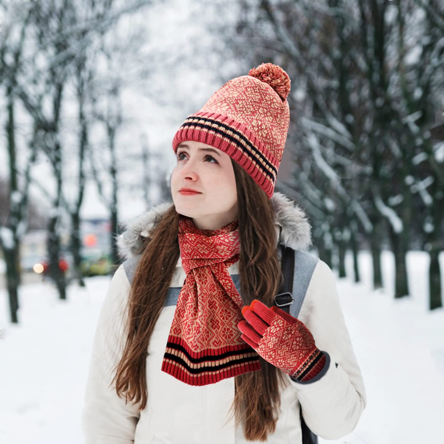 Winter Beanie Hat Scarf Touch Screen Gloves Set with Pom for Women, Beanie Hat Long Scarf Neck Warmer Touchscreen Gloves 3 in 1 Set(NAVY!!)