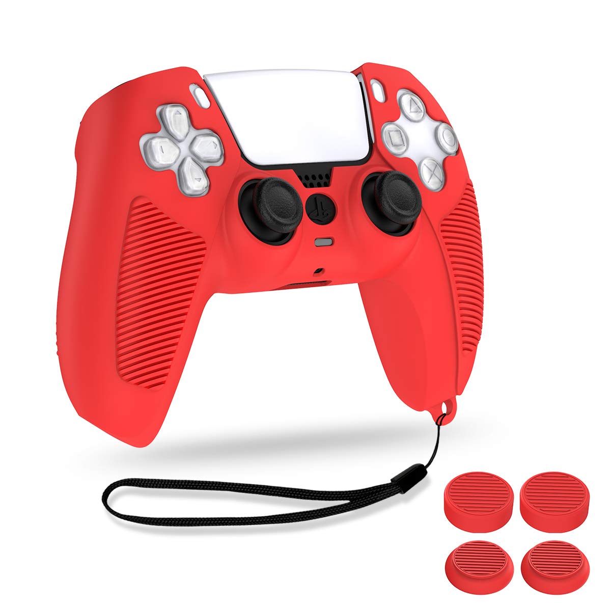 TOLUOHU Silicone Case Cover Skins for Sony PS5 DualSense Controller, Anti-Slip Design Silicone Protector Case Accessories Set for Playstation 5 Gamepad with 4 Thumb Grips/1 Hand Strap(Red)
