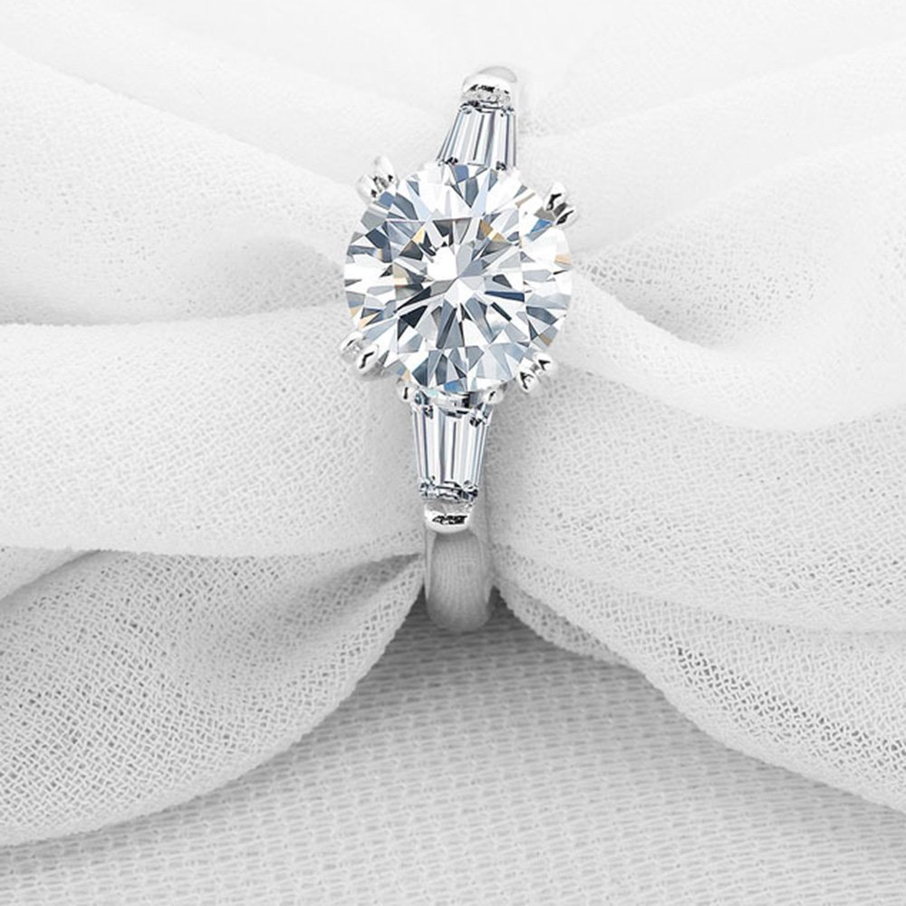 Sterling Silver 2 Carat CZ Baguette Round Solitaire Engagement Ring Bridal Wedding Jewelry