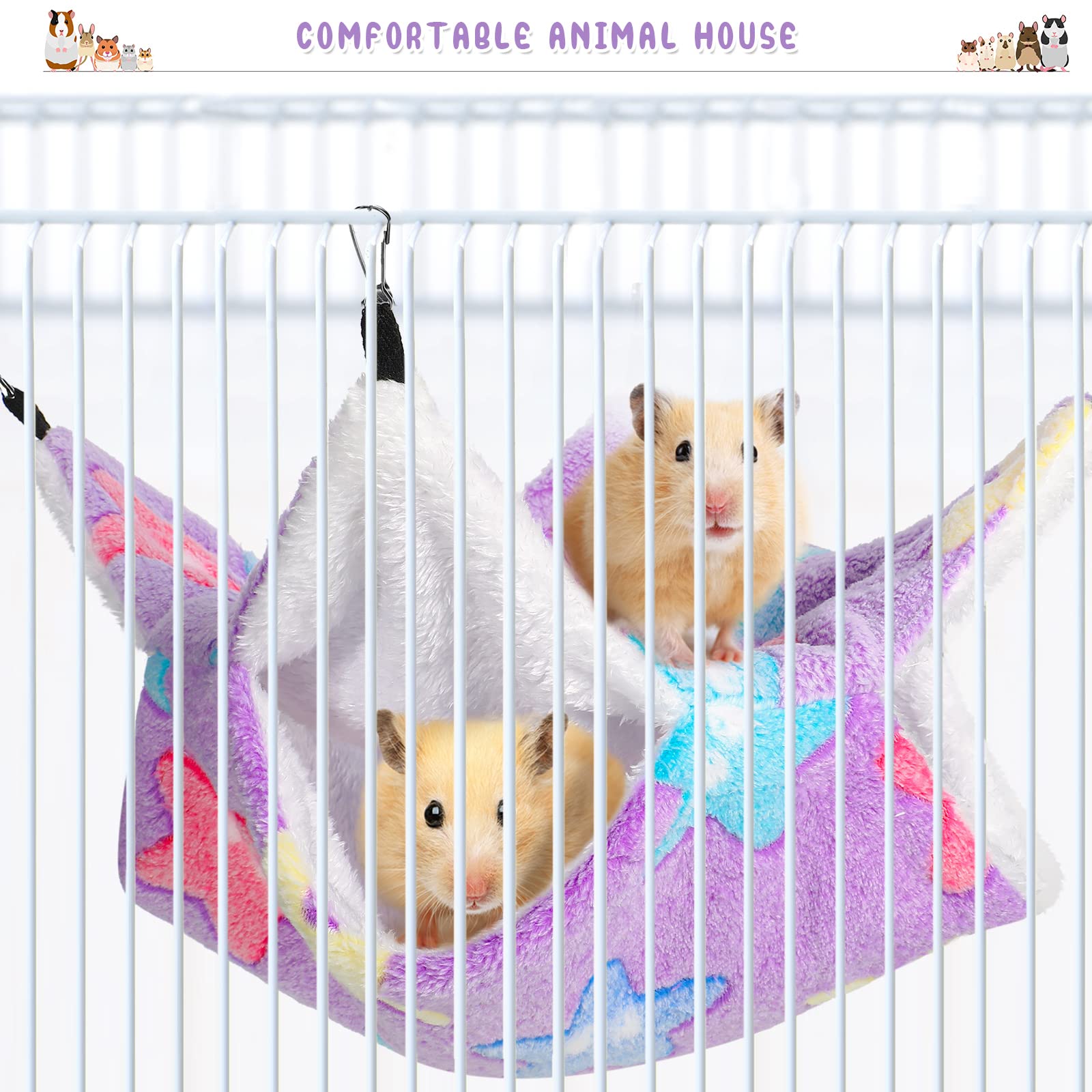 Shappy 2 Pieces Small Pet Cage Hammock Hanging Tunnel for Small Animals Hanging Bed Cage Guinea Hammock Cage Accessories for Ferret Rat Chincilla Hammock Sleeper Cage Accessories Set (Purple, Star)