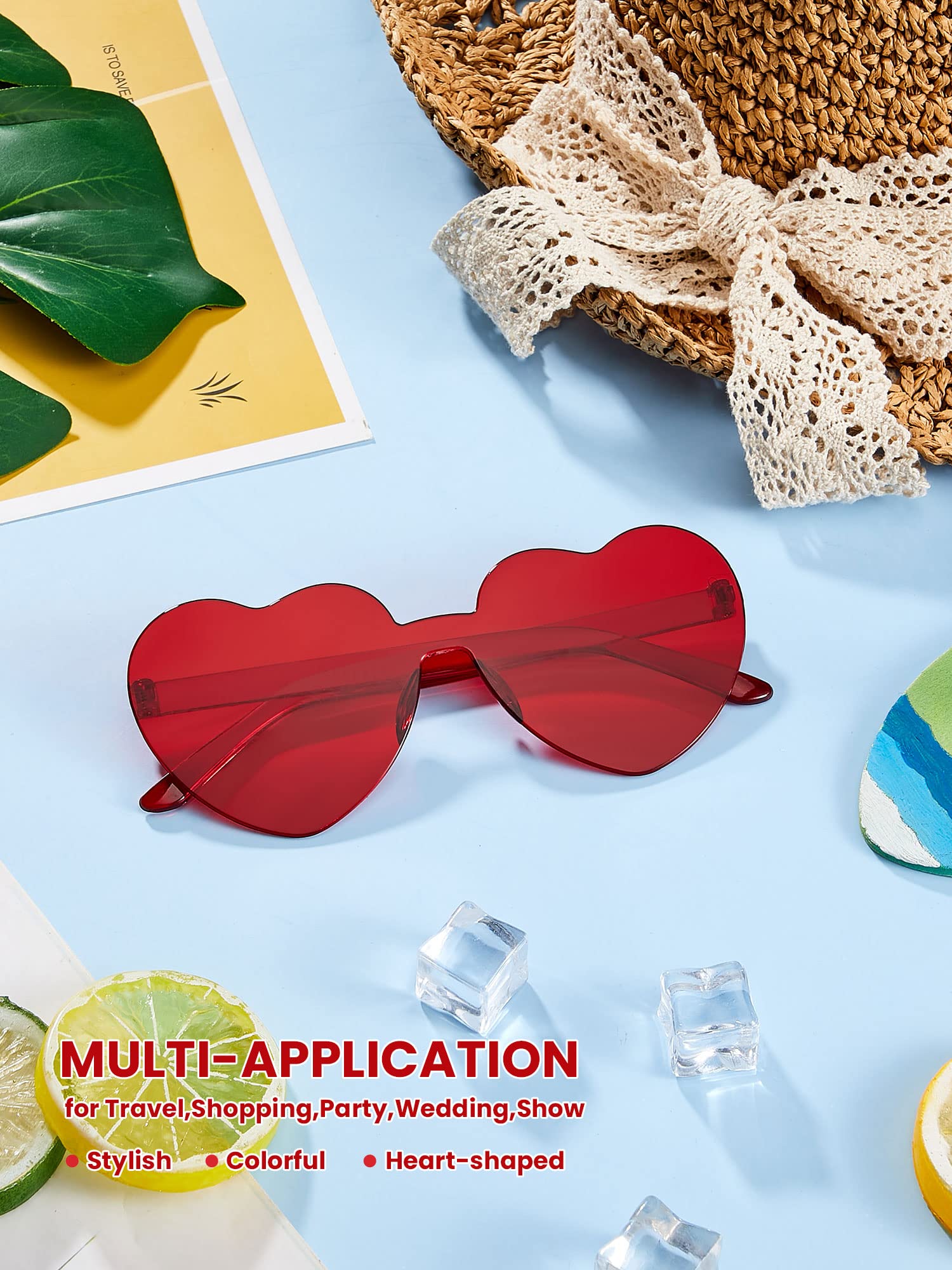 Weewooday 40 Pairs Heart Glasses Rimless Heart Shaped Frameless Sunglasses Transparent Sunglasses Tinted Eyewear(Red)