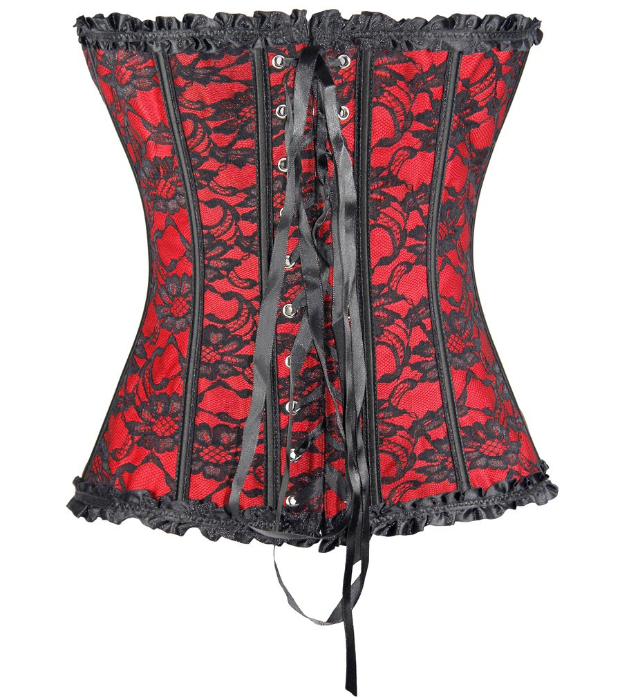 Pandolah Boned Lace up Back Sexy Corset for Women Lingerie Top Floral Bustier with G-String (2XL, Red)
