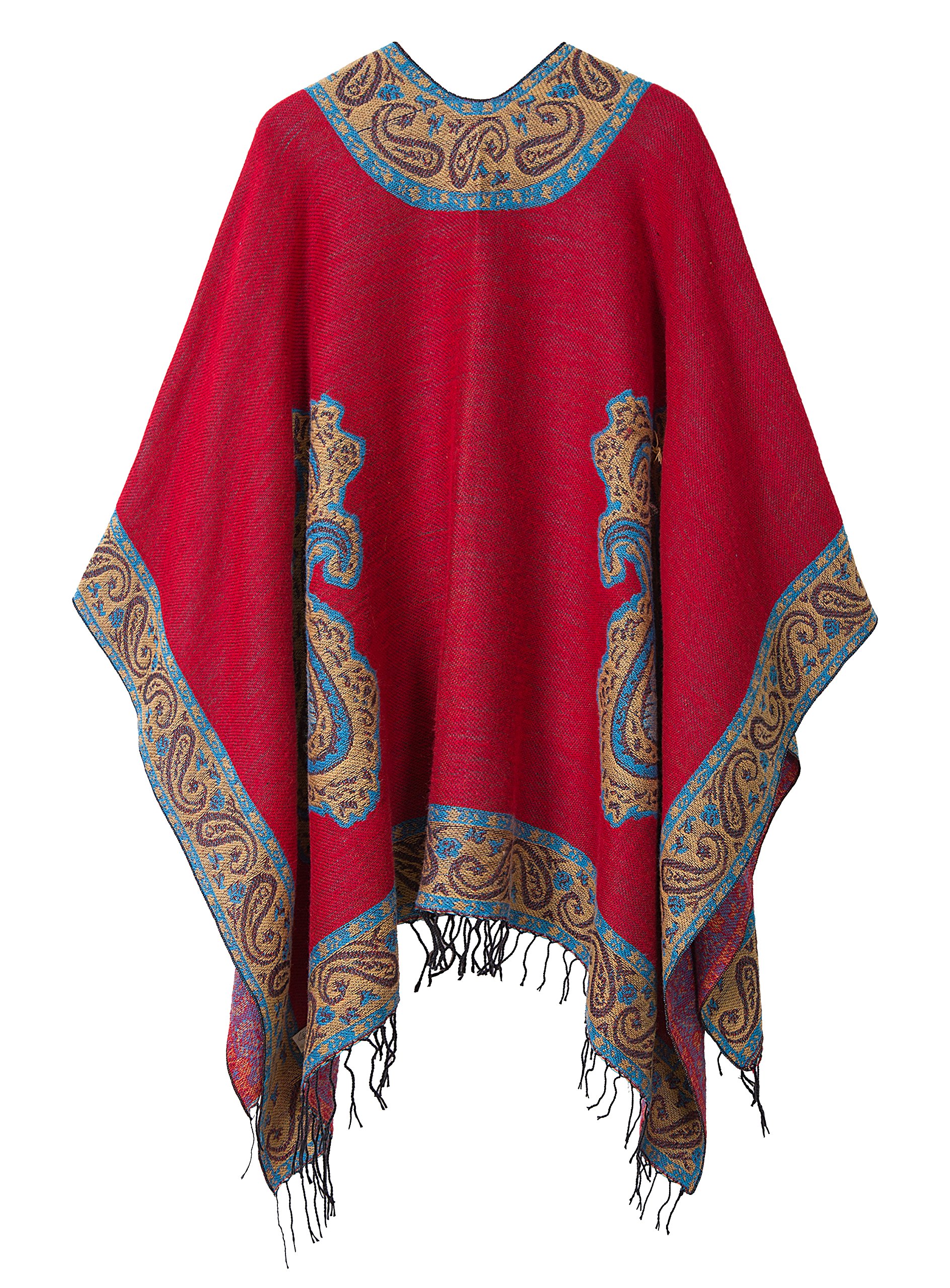 Urban CoCo Women's Printed Tassel Open front Poncho Cape Cardigan Wrap Shawl (Red)