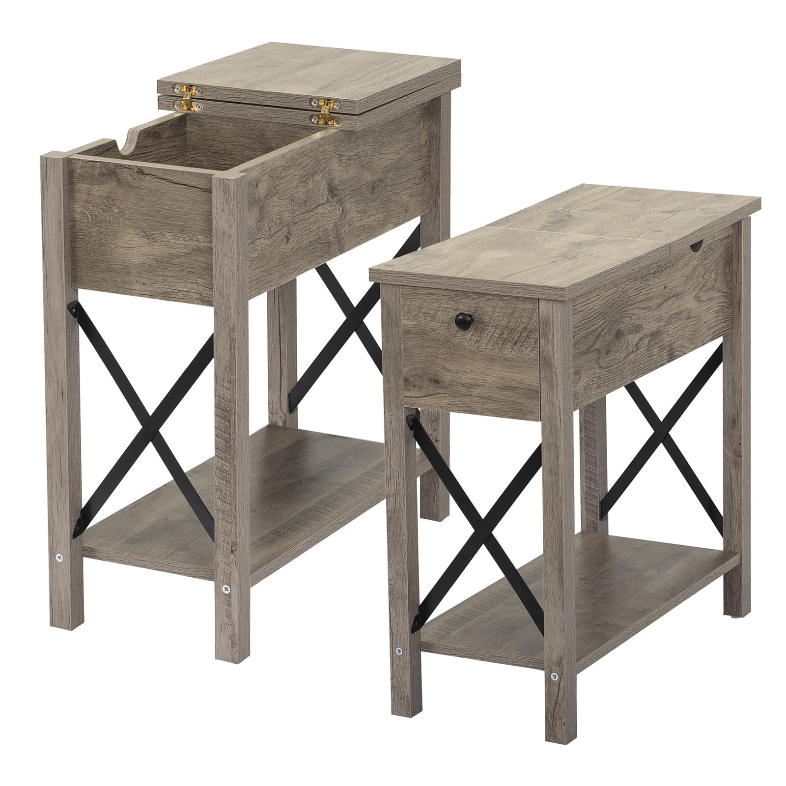 Tidyard Set of 2 Flip Top End Table with Charge Station, X-Shaped Profile Narrow Side Table with Drawer for Office, Bedroom, Living Room, Gray