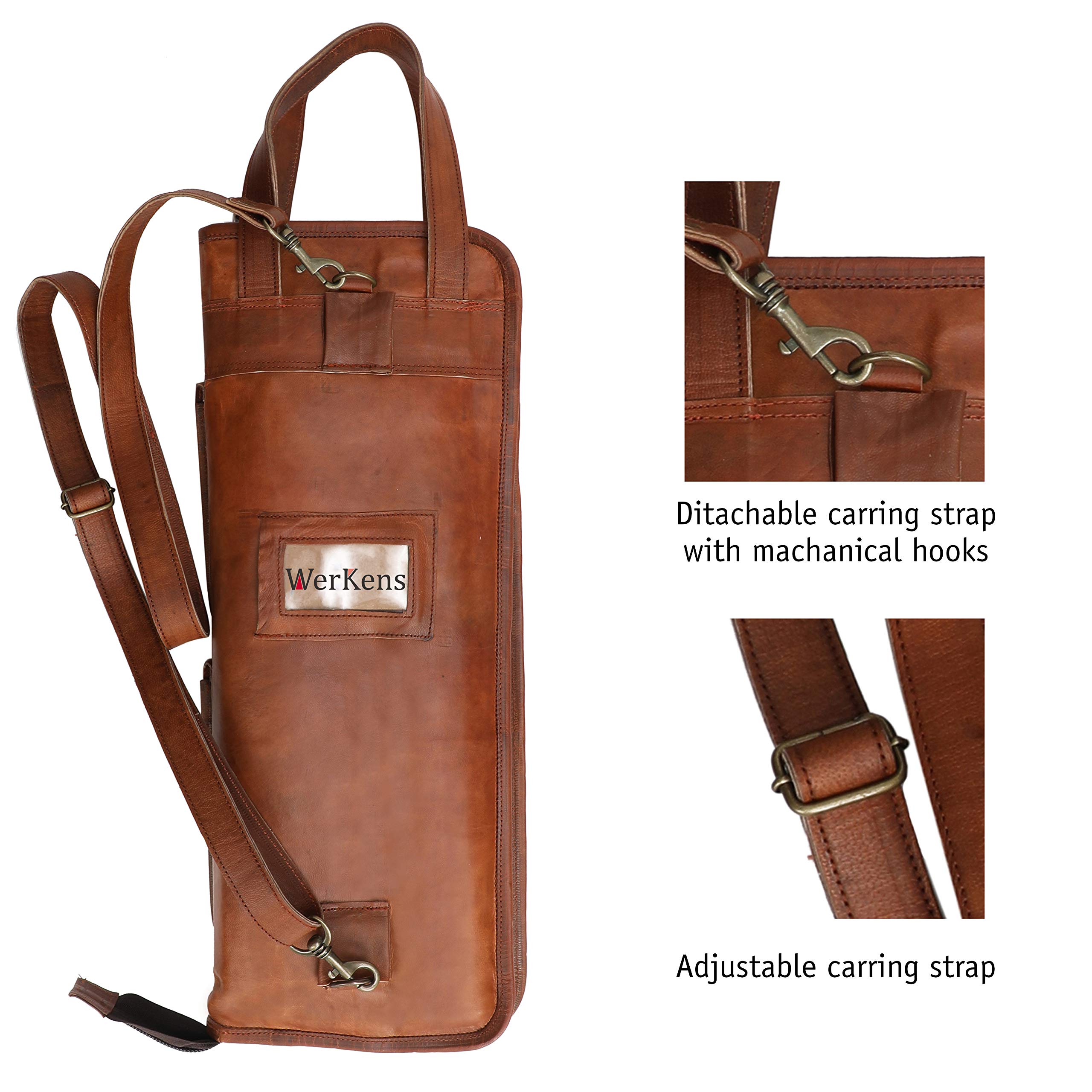 WerKens Leather Drumstick Bag Floor Tom Hooks Holds 10-12 Pairs Drum Sticks Mallets Brushes Percussion Drum Stick Bag Detachable Shoulder Strap Easy Carry Handles (Brown) β DSB003