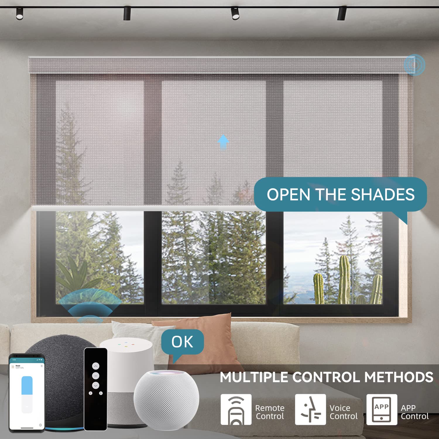 WEFFORT Motorized Shades 50% Blackout Smart Blinds Work with HomeKit Alexa Google Home Electric Blinds with Remote Control for Windows Shade for Smart Home, PVC FREE SUNSCREEN Stone