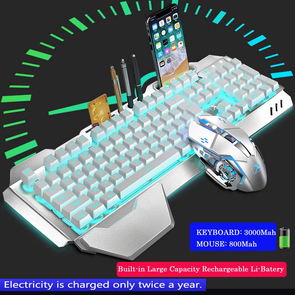 Rechargeable Keyboard Mouse Combo Backlit,2.4G Wireless Gaming Keyboard with Palm Rest,Multimedia,Ergonomic,3000Mah Large Capacity Battery and Adjustable DPI Mouse for Computer,PC,Laptop,Mac (Silver)