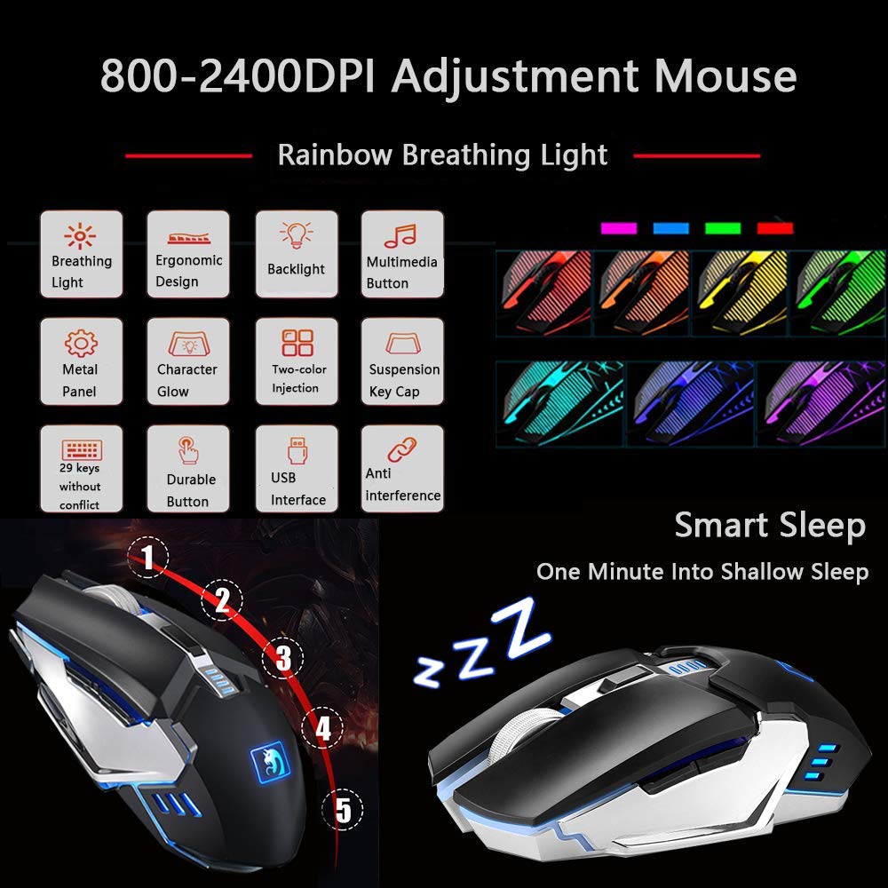 Rechargeable Keyboard and Mouse,Suspended Keycap Mechanical Feel Backlit Gaming Keyboard Mice Combo,Wireless 2.4G Drive Free,Adjustable Breathing Lamp,Anti-ghosting,4800 mAh Battery for Laptop Pc Mac