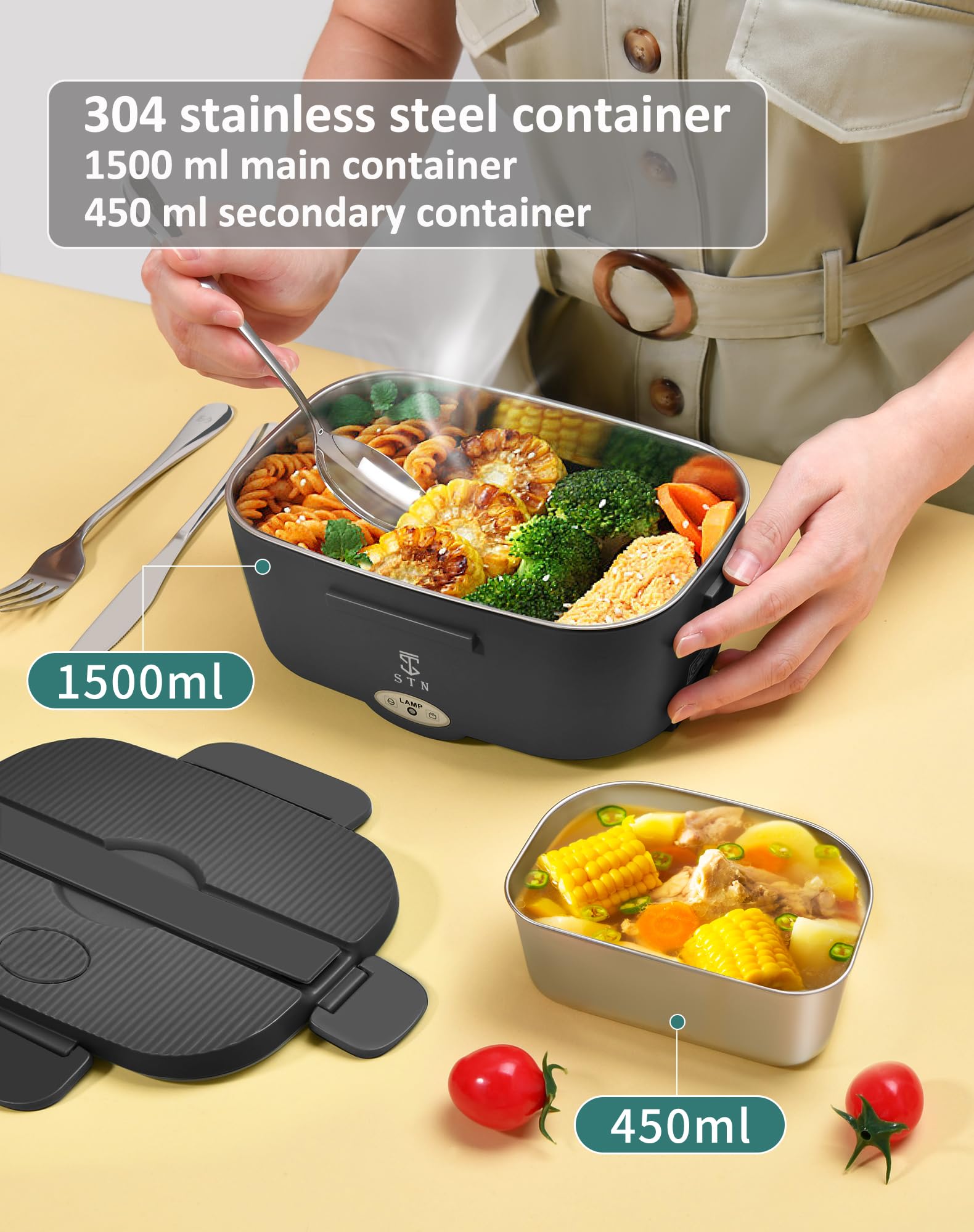 STN Heated Lunch Boxes For Adults,Efficient Electric Lunch Box Set with Removable 304 SS Container (1.5L+ 0.45L),10L Insulated Bags,Big Cutlery Set for 12v 24v 110v