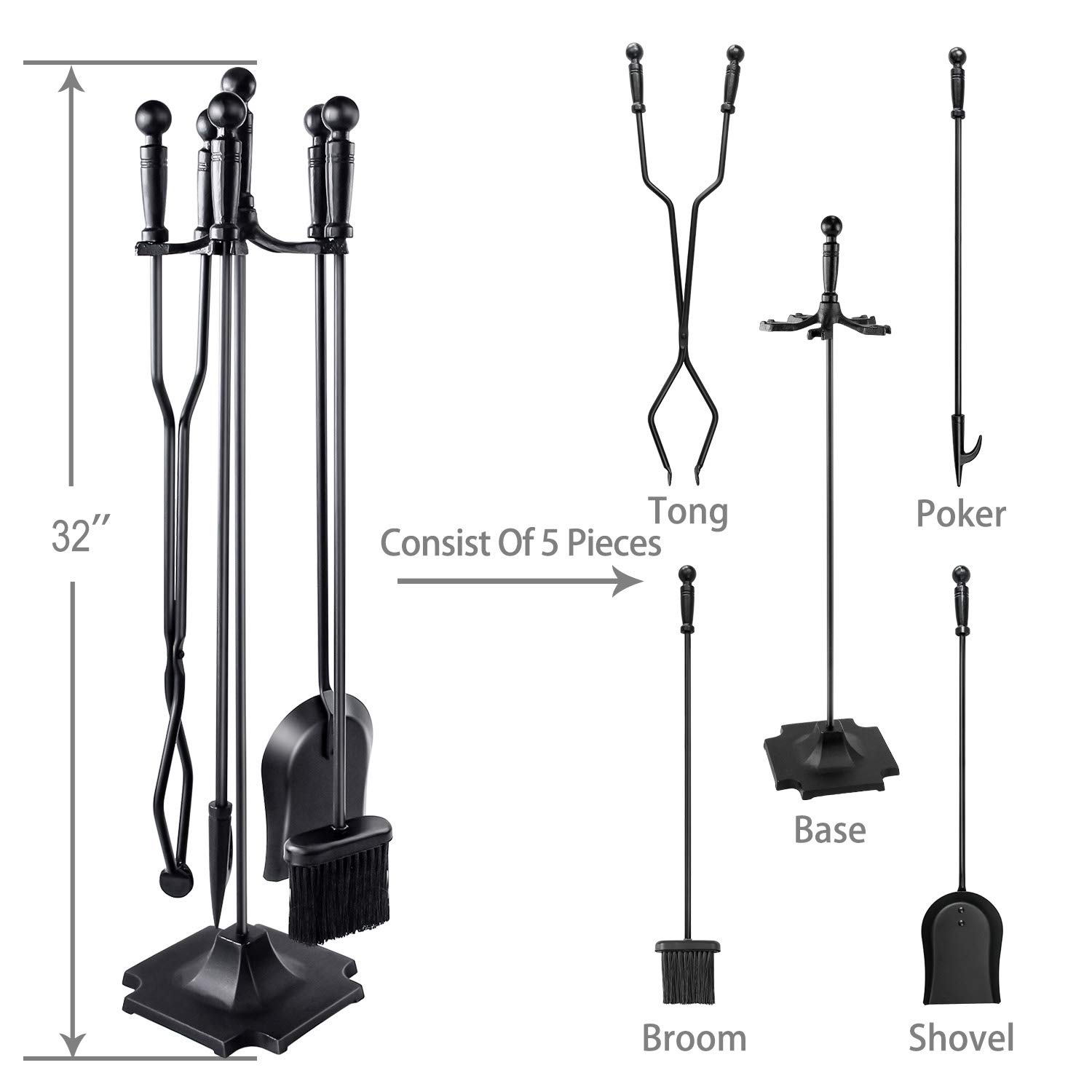 WBHome Fireplace Tools Set 5 Pieces Wrought Iron Fireset Fire Pit Poker Wood Stove Log Tongs Holder Fireplace Tool Set With Pedestal Place, 32 Inch (Black All)