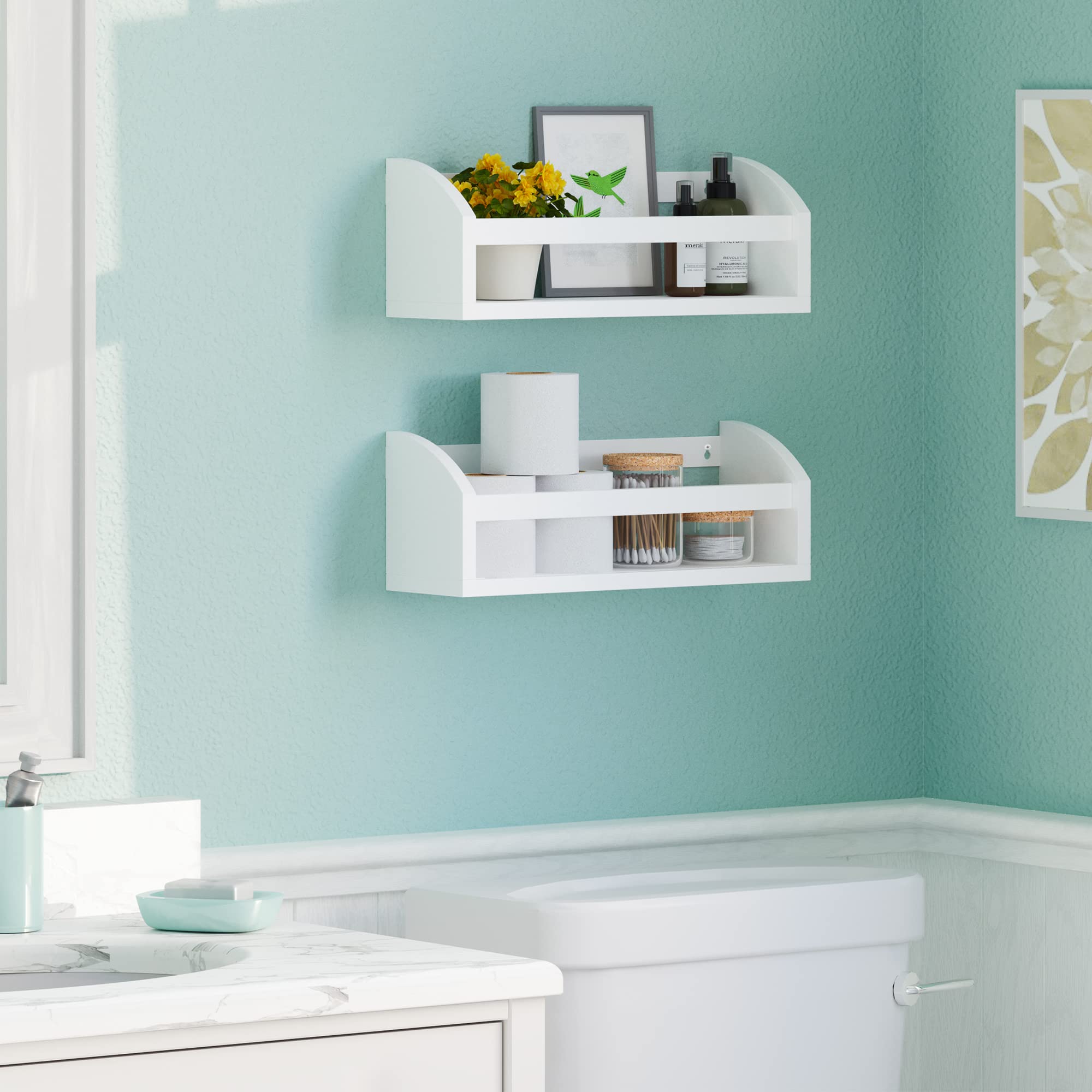 Wallniture Lissa Wall Shelf Wood Wall Mounted White Bookshelf for Nursery Wall Decor, Kids Storage Organizer Set of 2