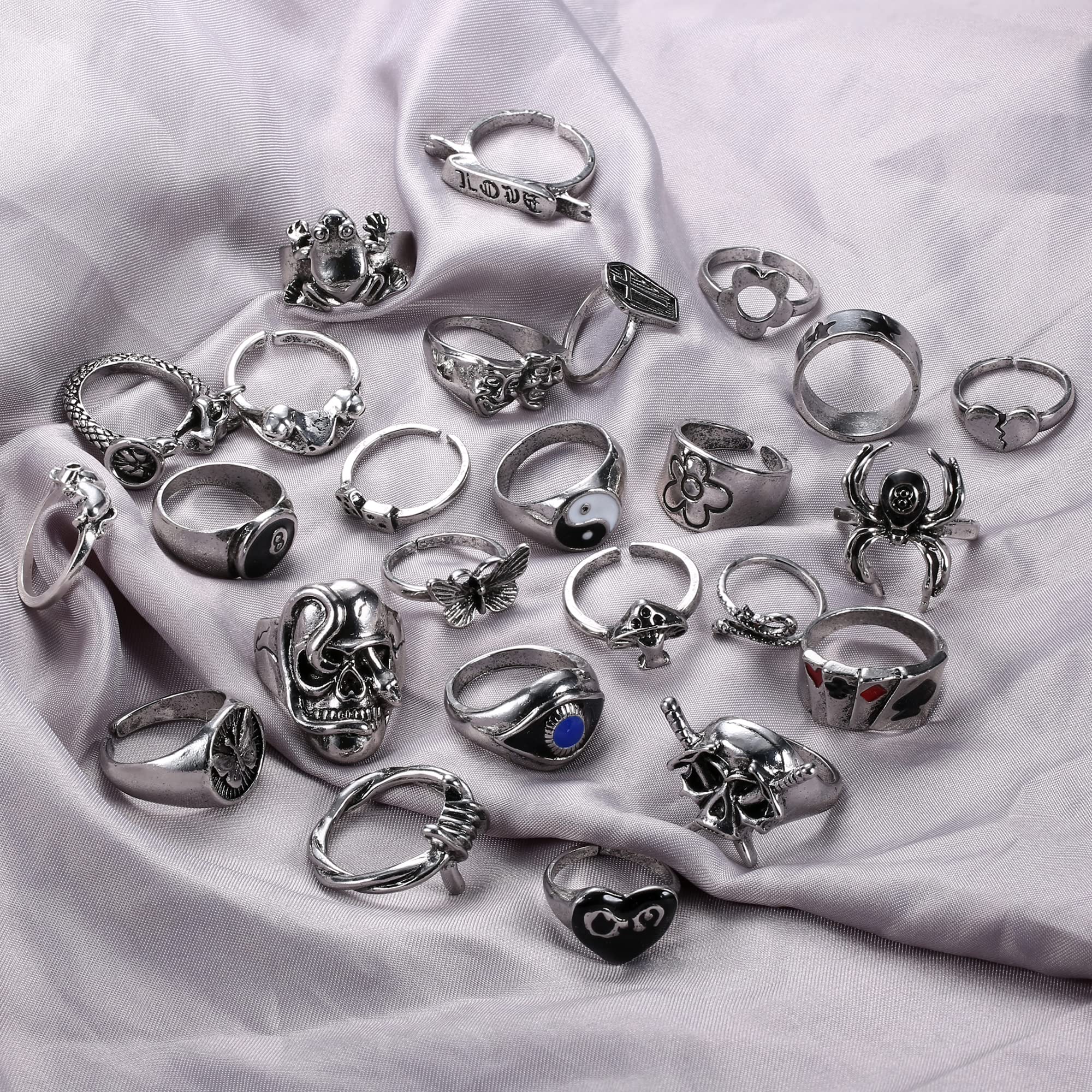 THUNARAZ Vintage Silver Gothic Punk Rings for Women Men Adjustable Skull Snake Frog Vintage Stackable Hippie Eboy Rings Cool Goth Ring Pack Y2K Jewelry Set