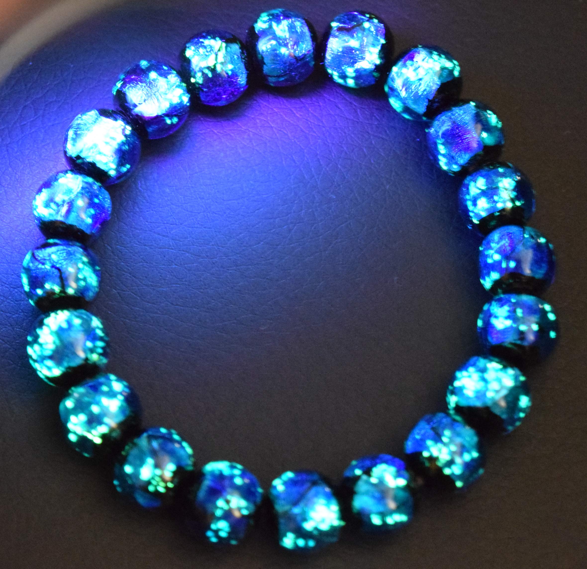 京都あさひ屋 Black Onyx & Pink Blue Ryukyu Fluorite Glass Bracelet Gemstone Elastic Stretch Bracelet Japan Juzu Buddhist Prayer beads Gifts (All blue luminescence)