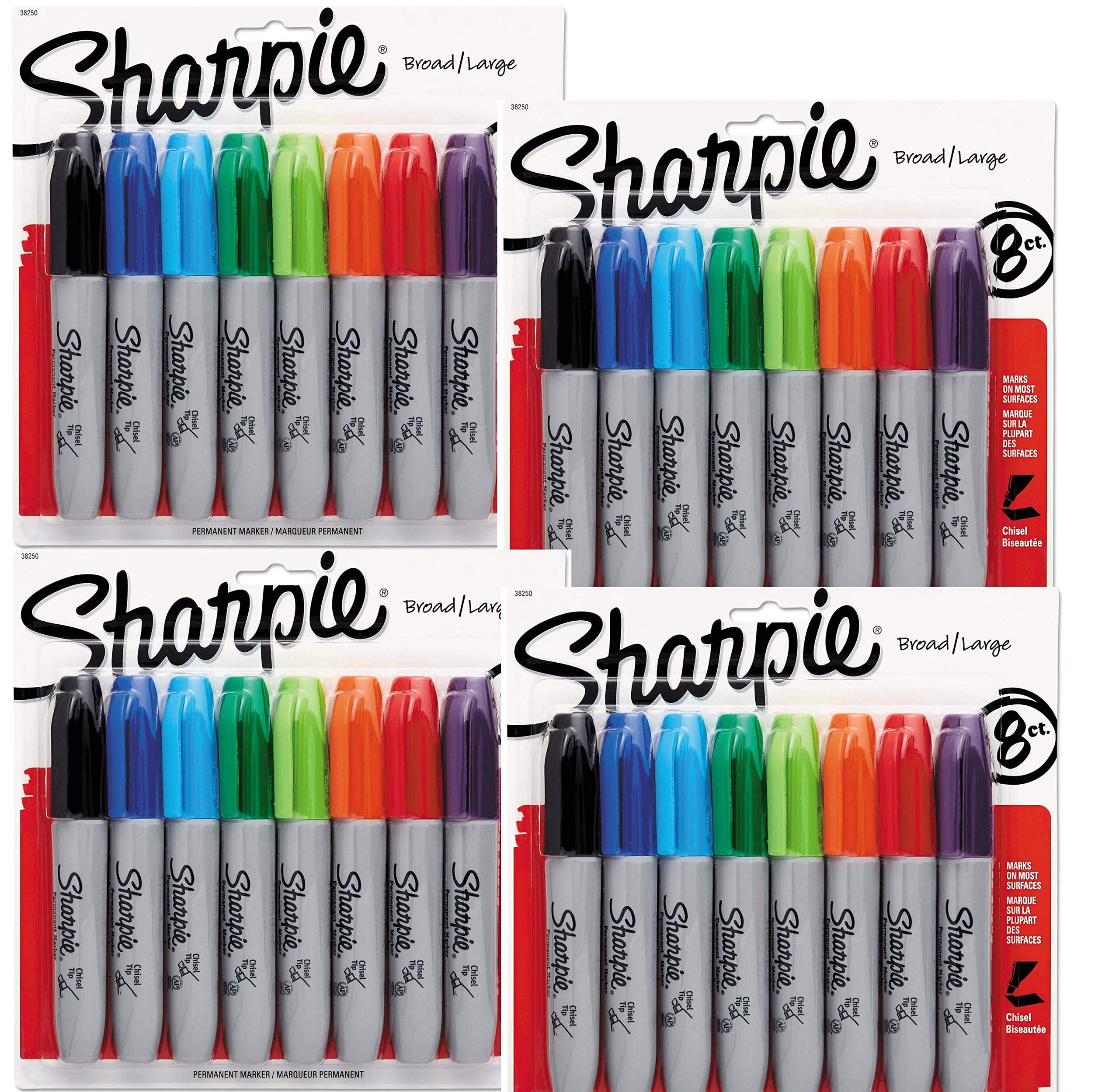 Sharpie Permanent Markers, Chisel Tip, Assorted Colors, 8-Count (38250PP) - 4 Packs, 32 Markers in Total - Black, Blue, Turquoise, Green, Lime, Orange, Red, and Purple
