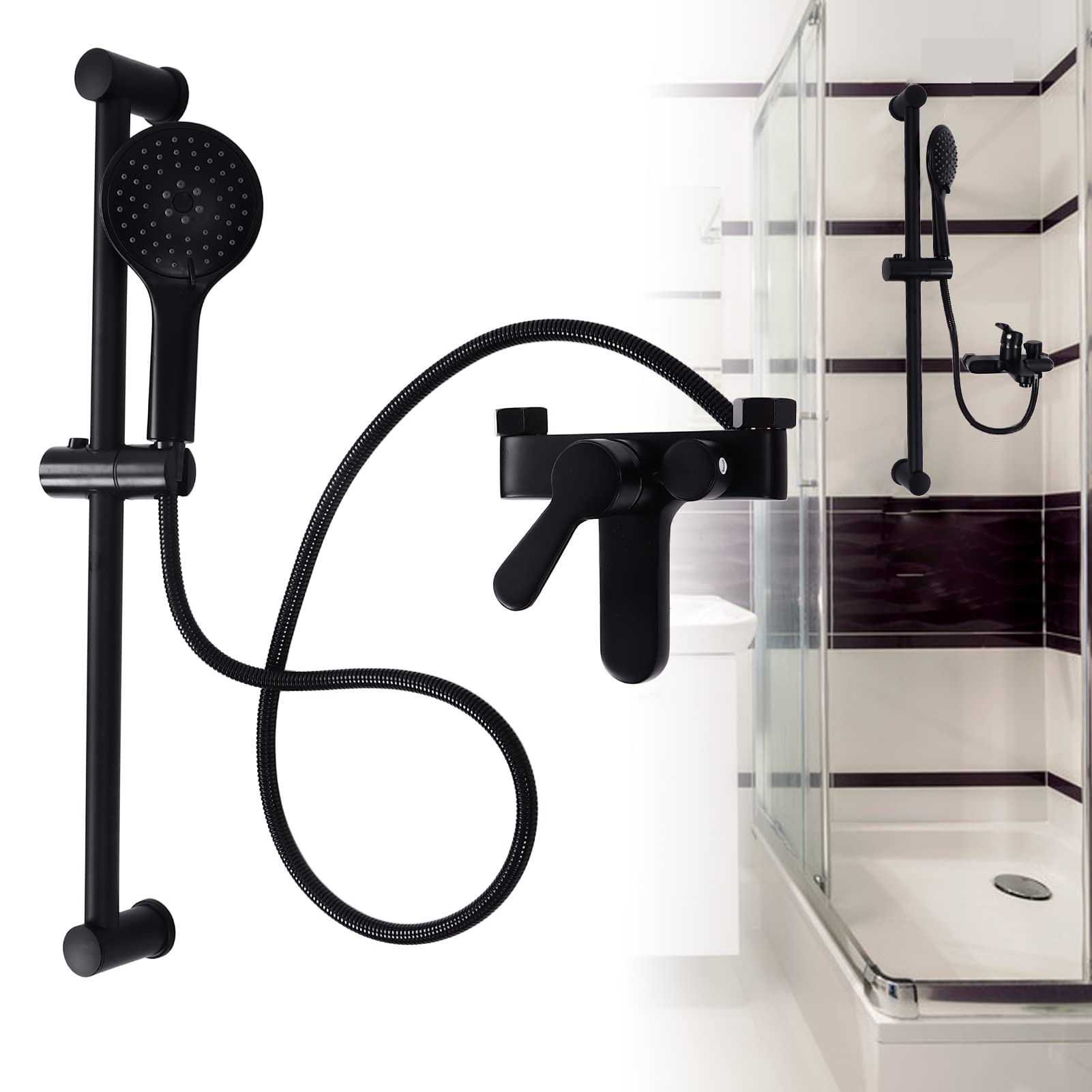 REUIQU shower head, Shower Heads with Handheld Spray Combo, shower head with handheld, G1/2 Shower Combo Set Multifunctional Shower Head System Black Bathroom Shower Kit for Hotel