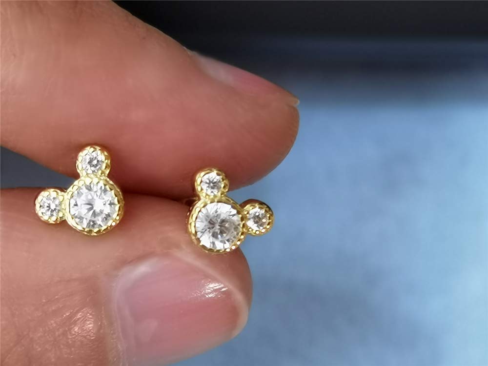 Tiny Cute Mouse Stud Sterling Silver Earrings for Women Girls Gold Plated Cubic Zirconia Mini Small 20g Barbell Ball Studs Cartilage Tragus 4 mm Bead Screw Back Piercing Body Jewelry (Gold)