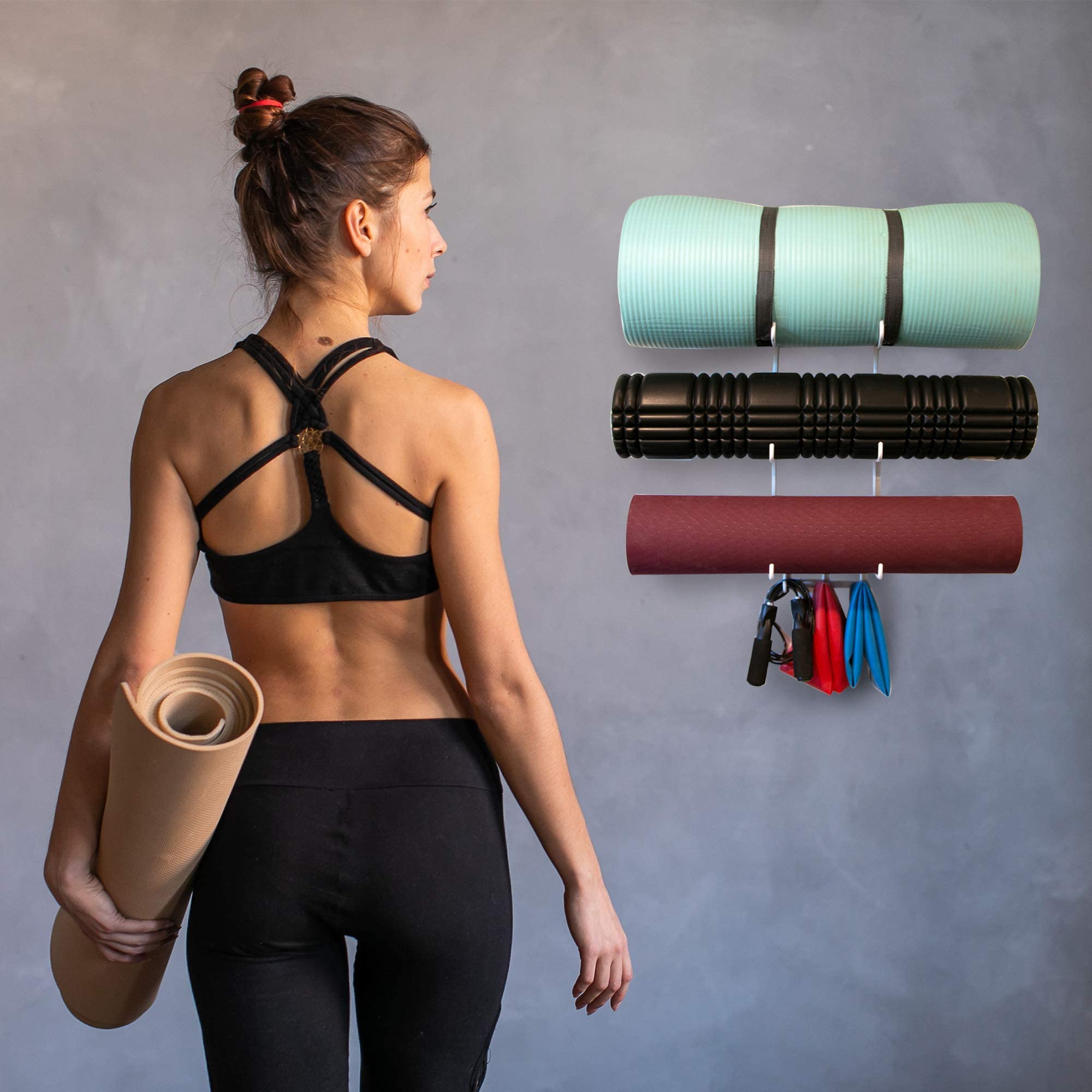 Wall Mount Yoga Mat Storage with 3 Hooks | Exercise Equipment Rack for Yoga Band Foam Roller Workout Accessories - Home Gym Organizer Metal Hanging Decor | Tranquil Fox