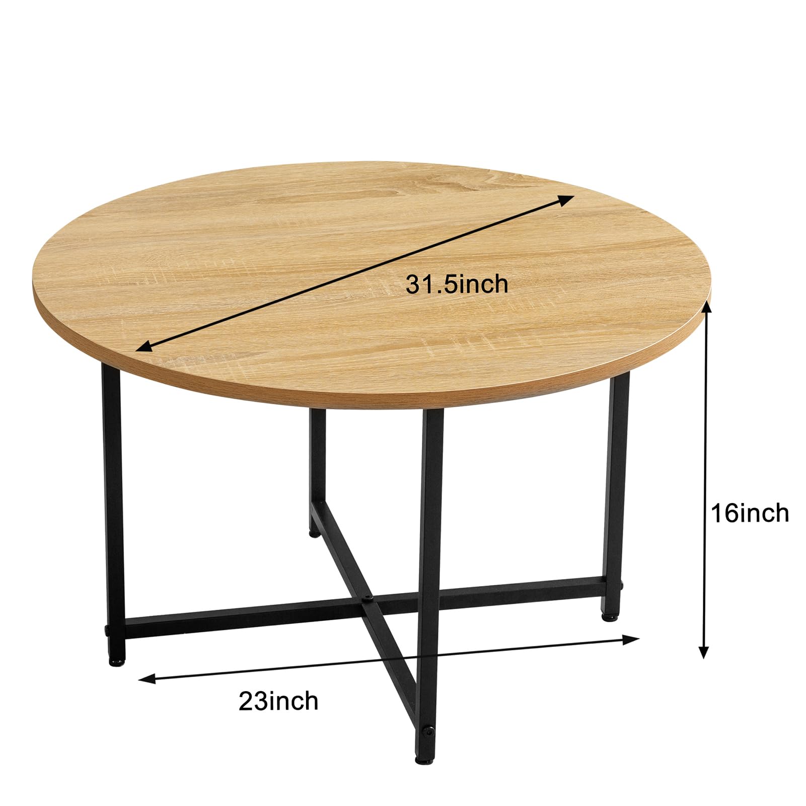 Round Coffee Table with Rustic Wooden Top & Sturdy Metal Legs Sofa Couches Table Side Table End Table Accent Table for Living Room Balcony Kitchen Natural Modern Design Furniture (white oak)