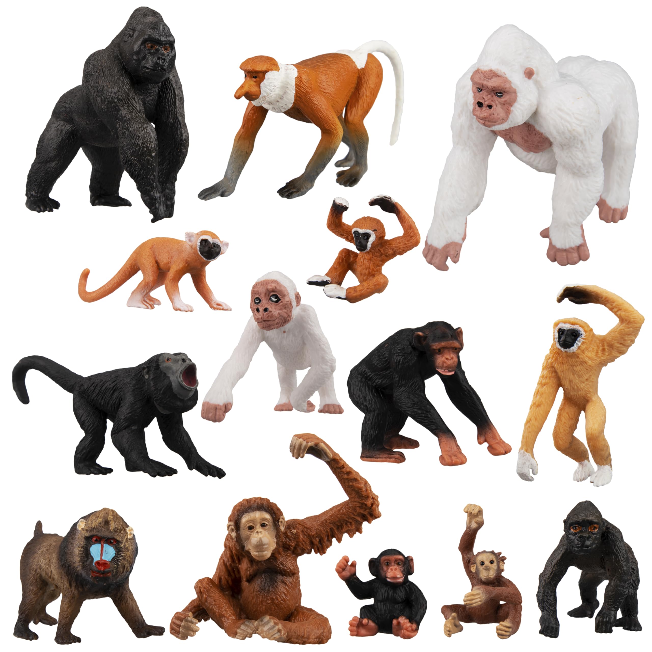 Toymany 14PCS Monkeys Gorillas Figurines Playset, Plastic Jungle Animals Monkey Toy Set Included Chimpanzee Mandrill Gibbons, Cake Toppers Christmas Birthday for Kids Todllers