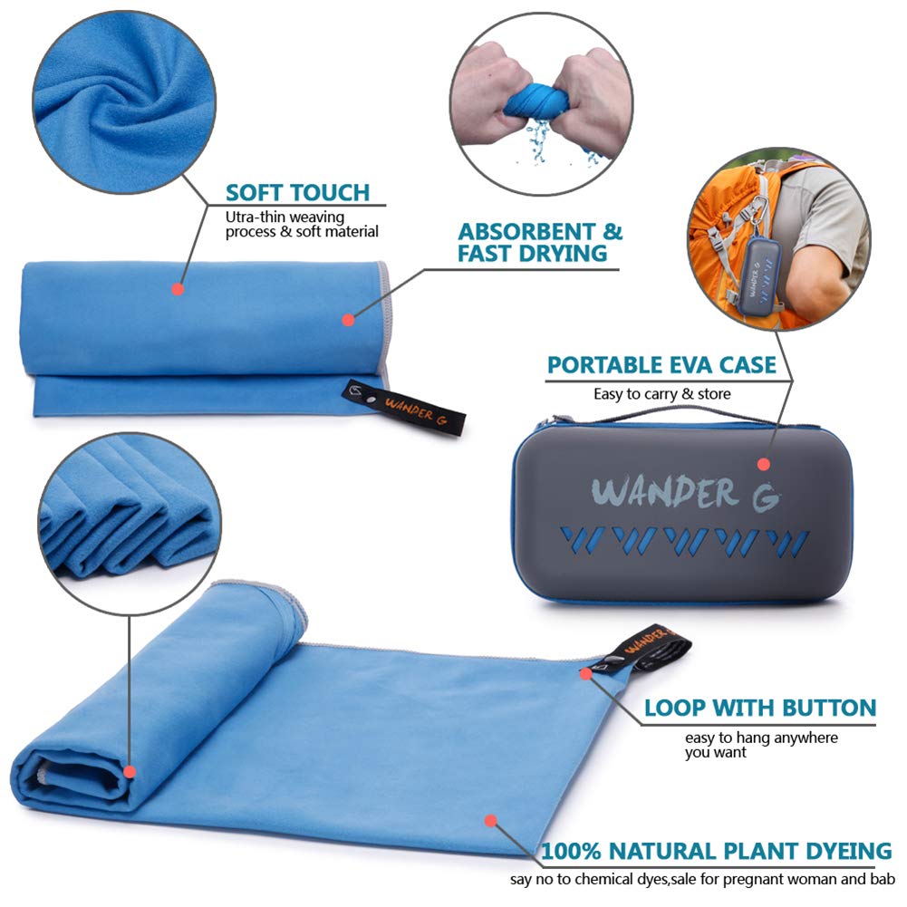 Wander G Microfiber Towel Fast Drying Camping Towel Ultra Soft Compact for Travel Beach Hiking Backpacking Yoga Gym Sports (Blue, Medium (24 x 48 inches))